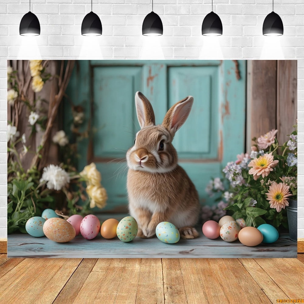 Easter Photography Backdrop Spring Gard Wood Door Rabbit Eggs Bunny ...