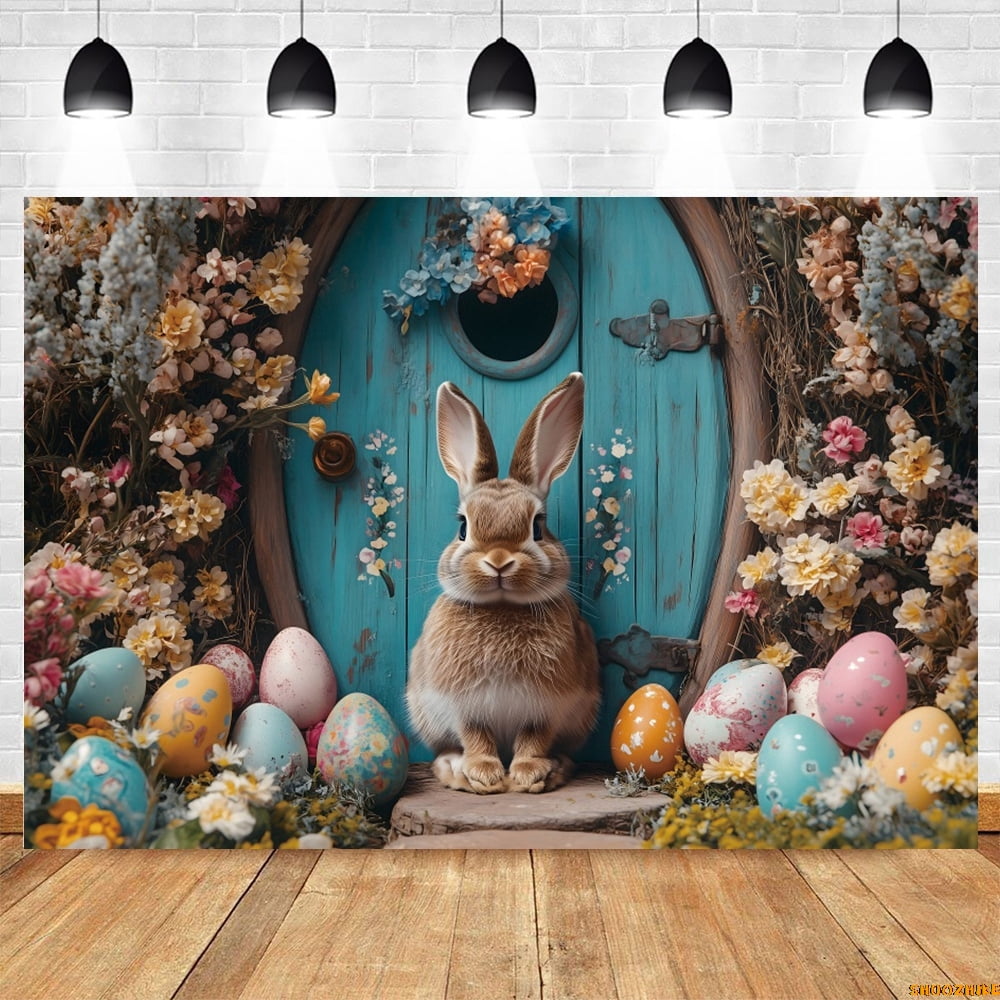 Easter Photography Backdrop Spring Gard Wood Door Rabbit Eggs Bunny ...