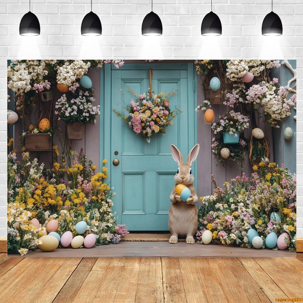 Easter Photography Backdrop Spring Gard Wood Door Rabbit Eggs Bunny ...