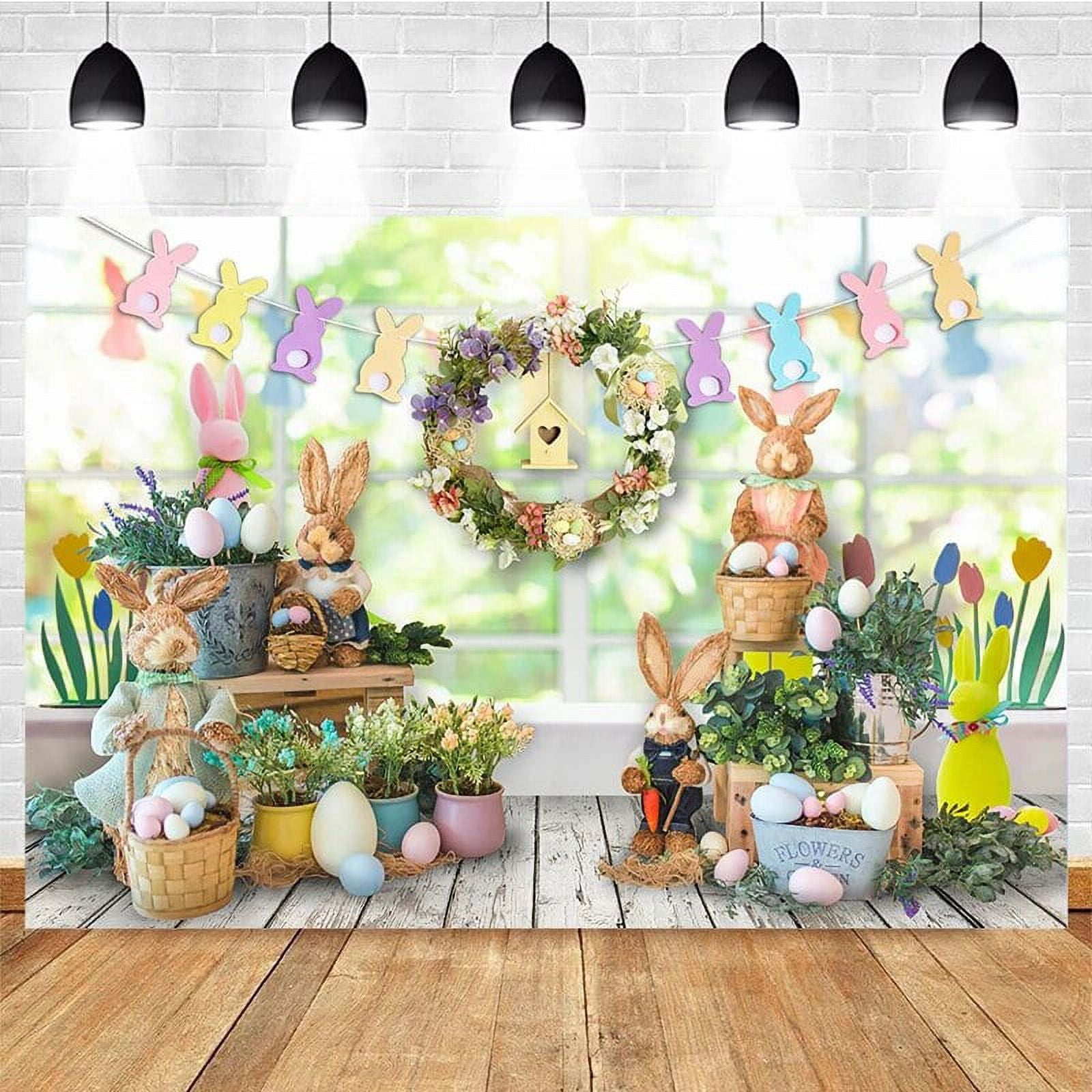 Easter Photography Backdrop Spring Green Plants Flowers Bunny Egg Decor ...