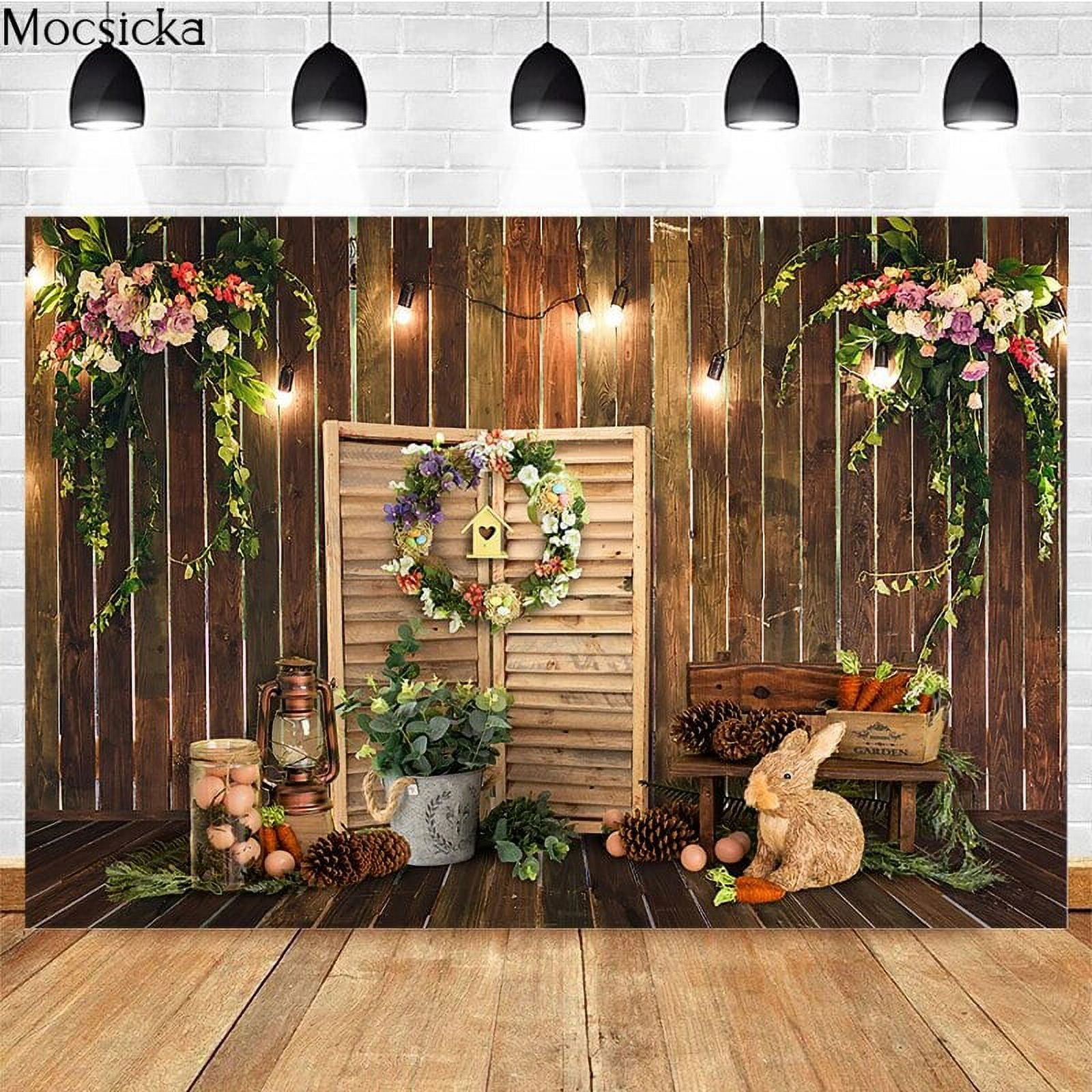 Easter Photography Background Spring Wreath Wooden Door Bunny ...