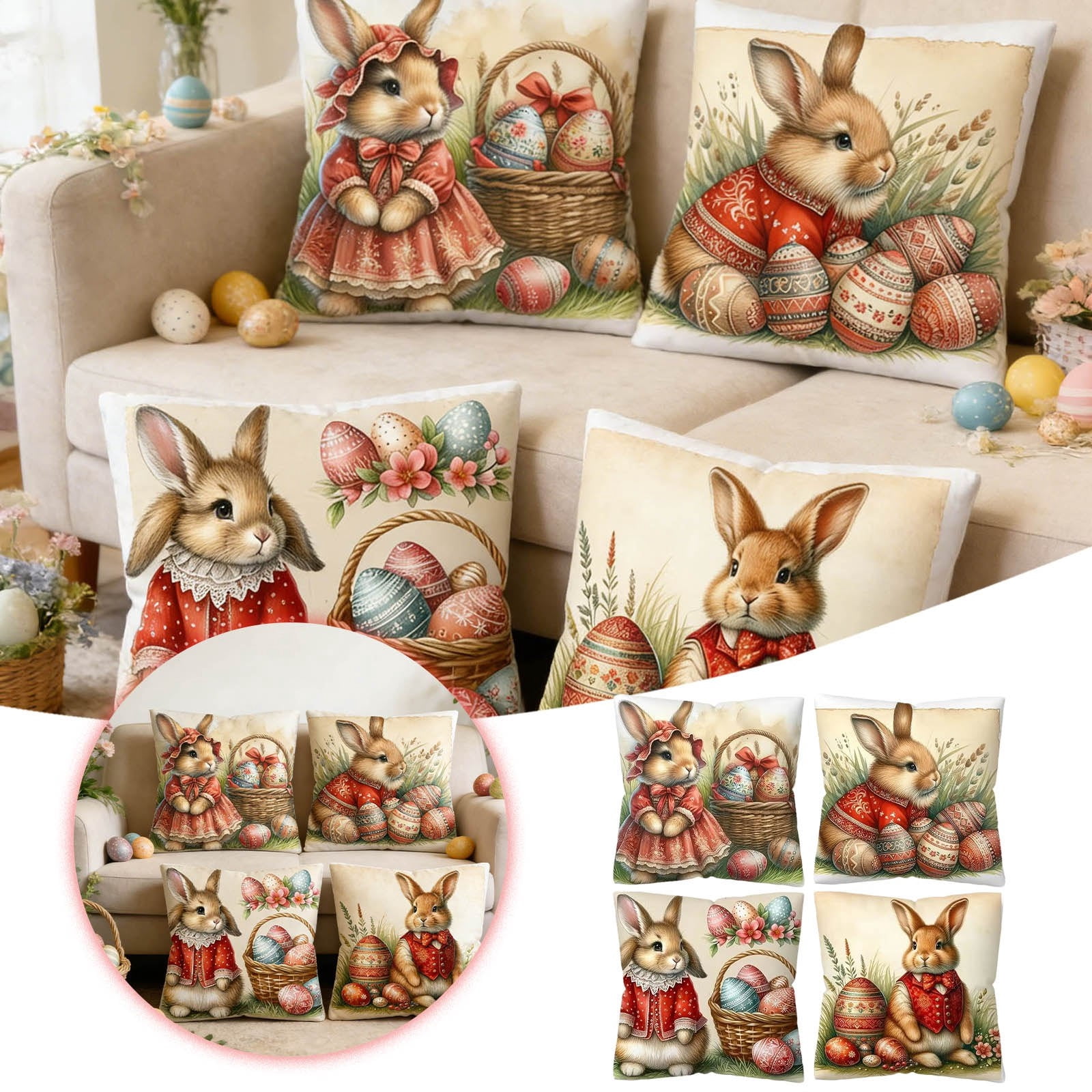 Easter Pillow Case Reversible Printed Decorative Covers Of 4 With ...