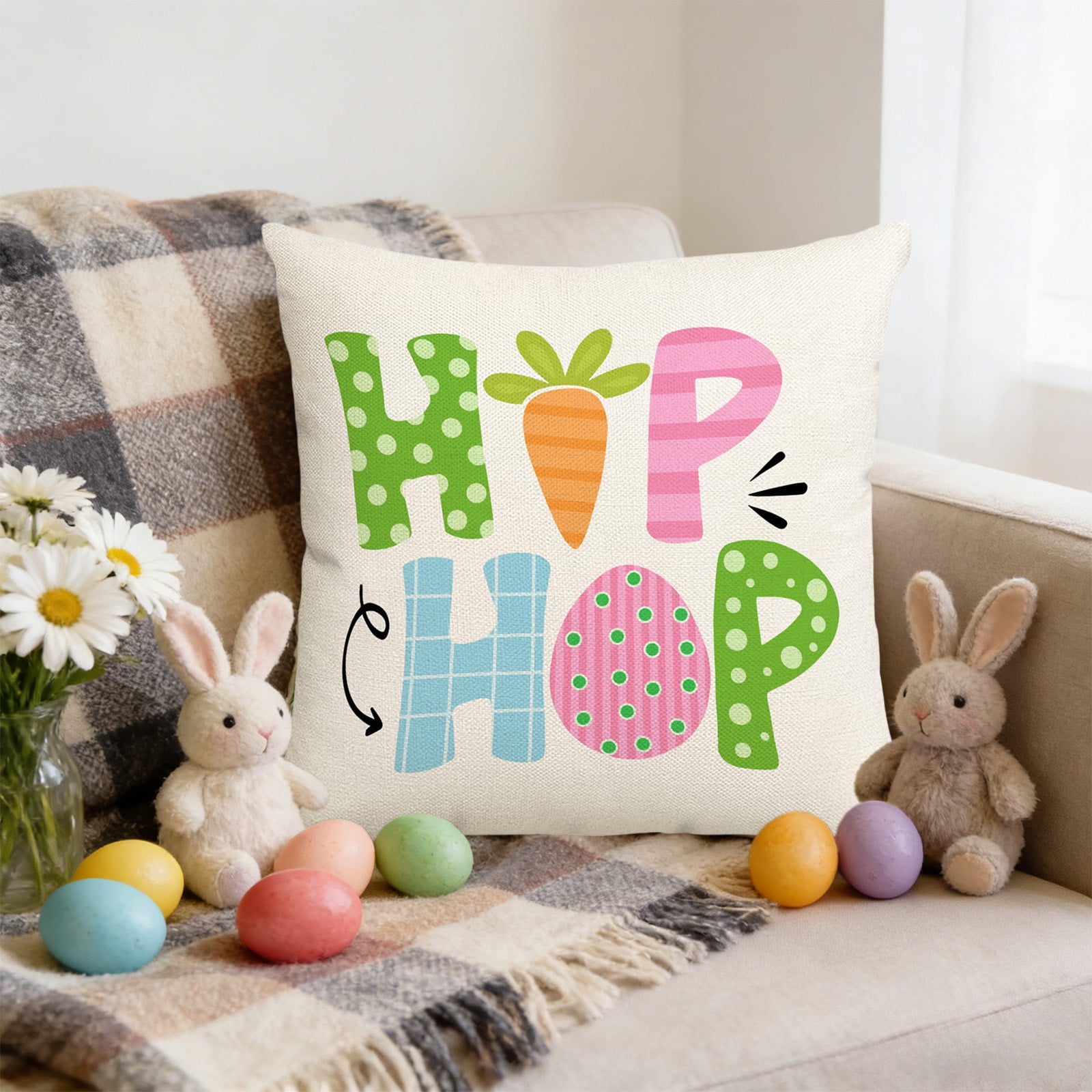Easter Pillow Cover with Bunny and Egg Design, Flax Decorative ...