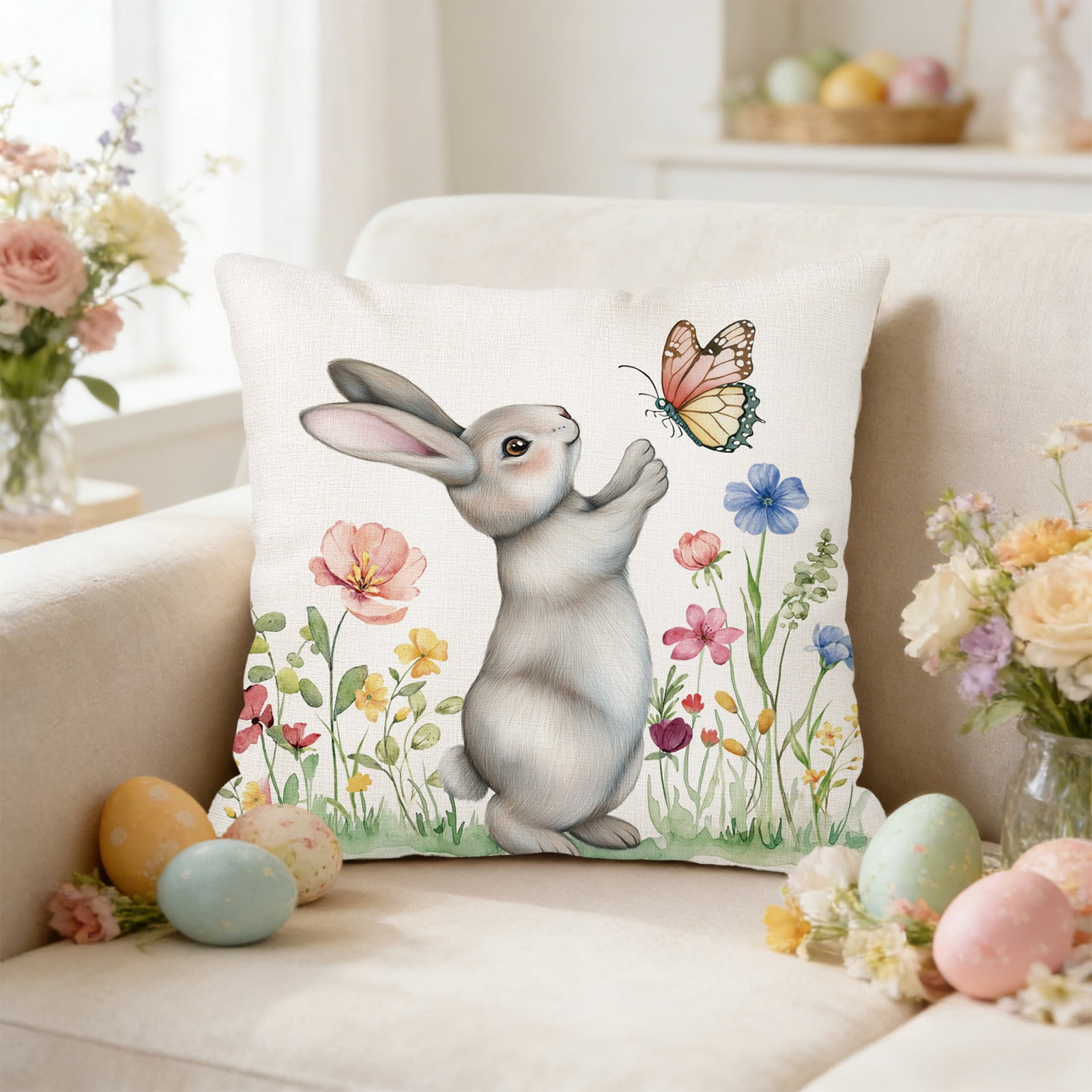 Easter Pillow Cover with Rabbit and Egg Patterns Decorative Linen ...