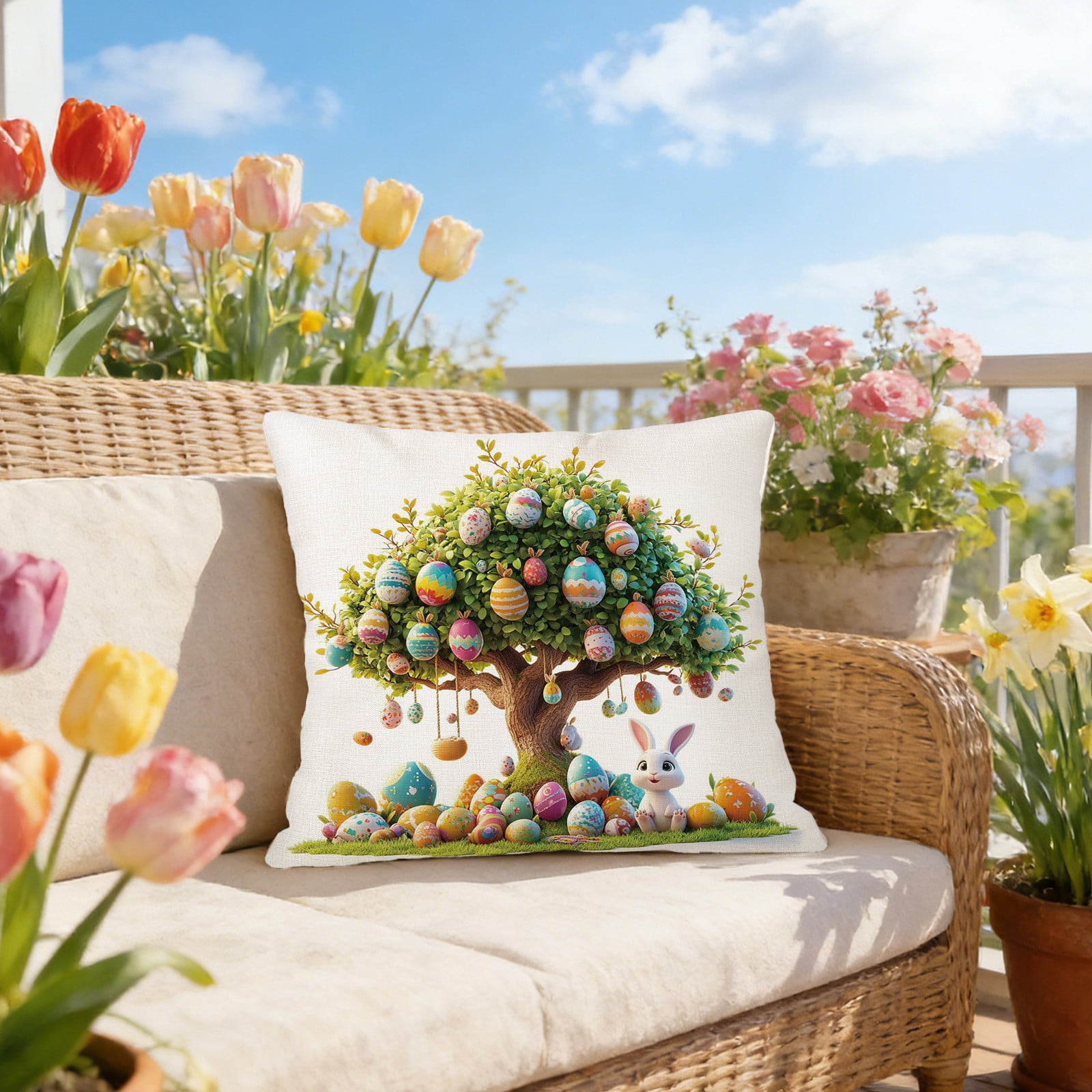 Easter Pillow Cover with Rabbit and Egg Patterns Decorative Linen ...