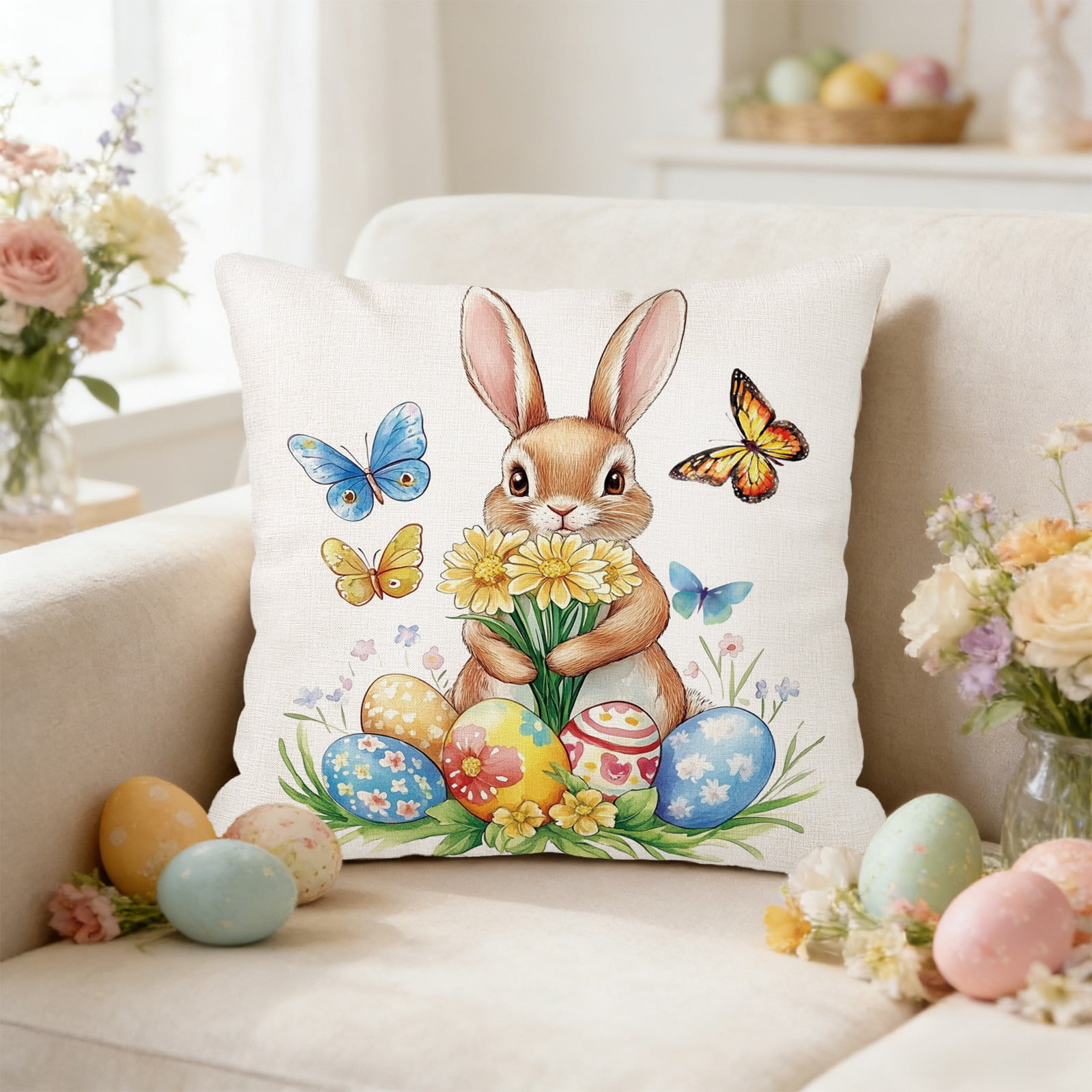 Easter Pillow Cover with Rabbit and Egg Patterns Decorative Linen ...