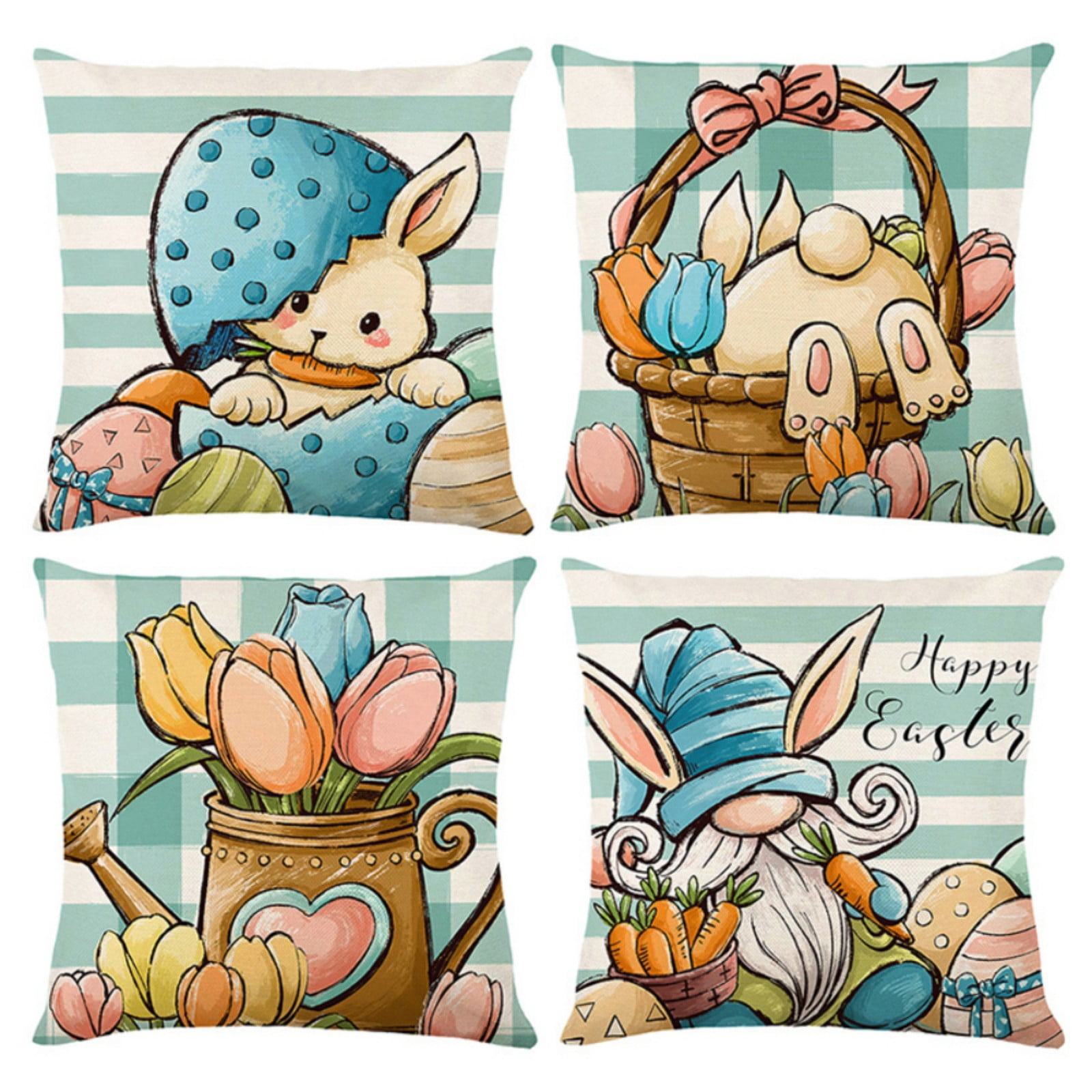 Easter Pillow Cover Watercolor Bunny Flower Eggs Cushion Cover Happy ...