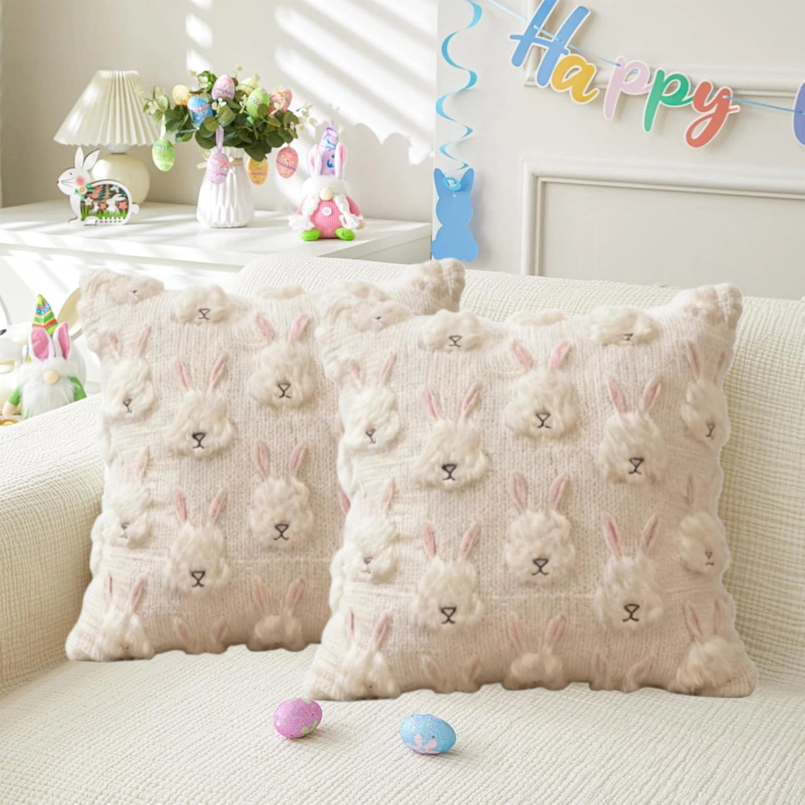 Easter Pillow Covers 16x16 Inch Set of 2, Embroidery Rabbit Head ...
