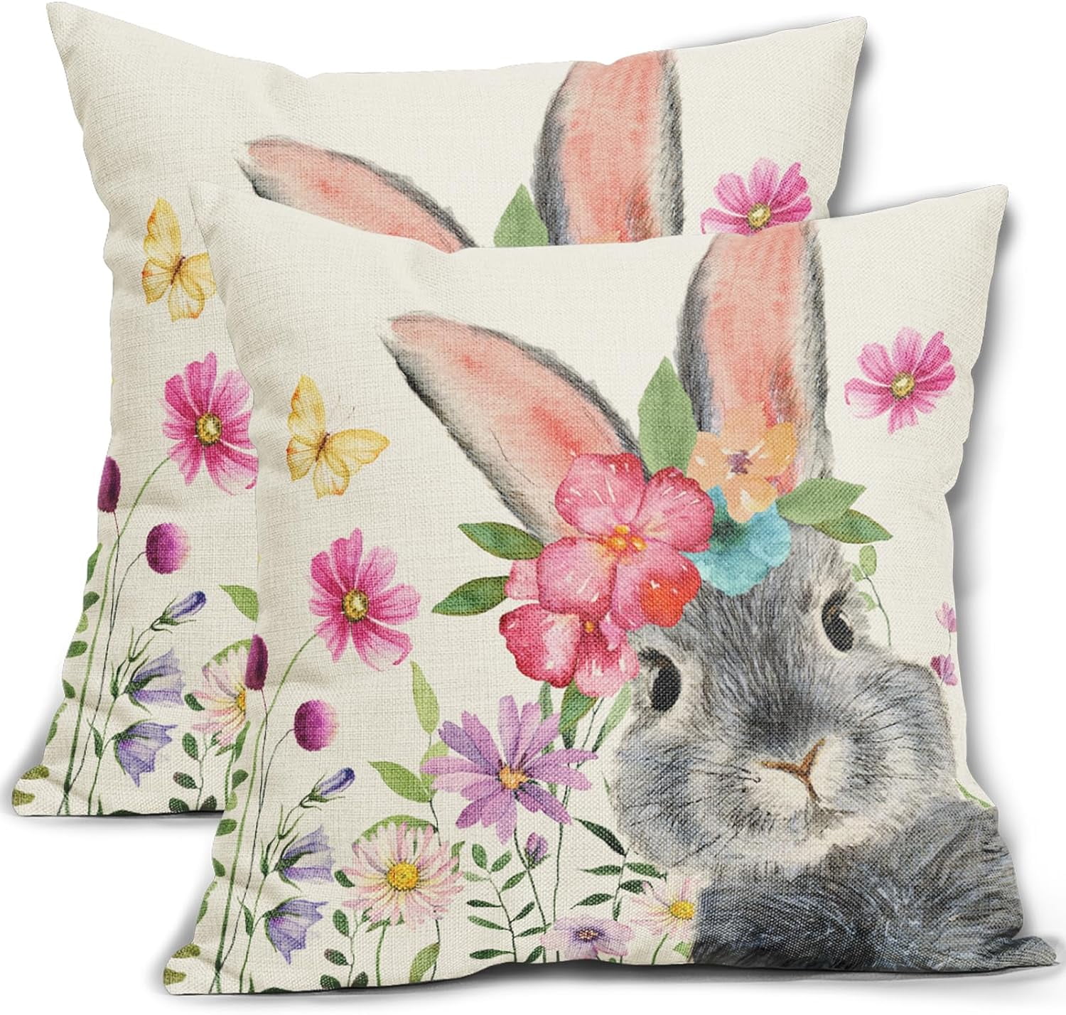 Easter Pillow Covers 18x18 Inch Set of 2 Bunny Easter Floral Rabbit ...