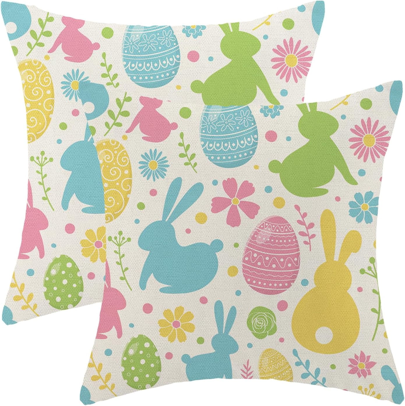 Easter Pillow Covers 18x18 Inch Set of 2, Colorful Bunny Eggs Throw ...
