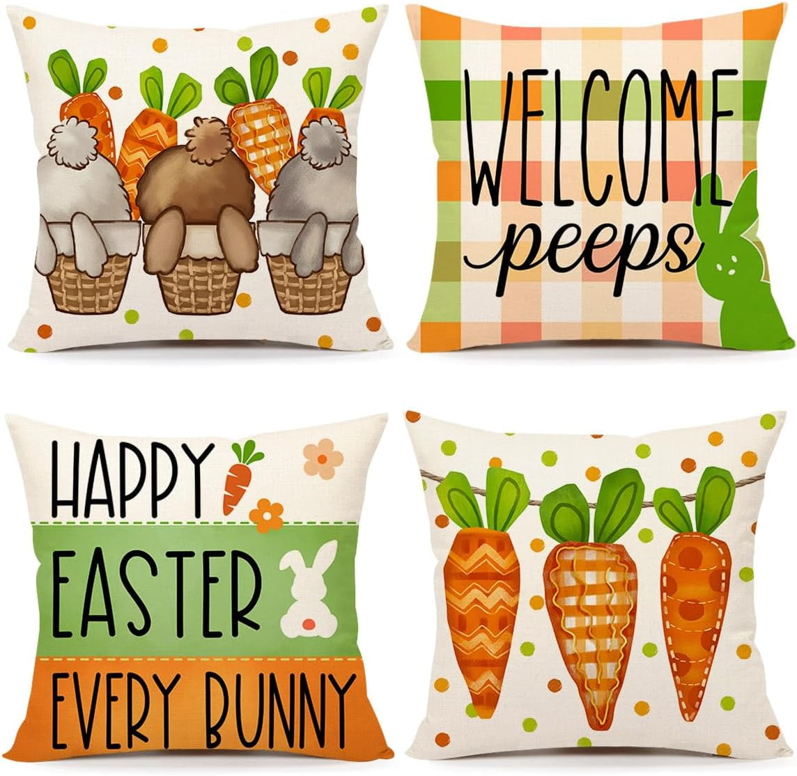 Easter Pillow Covers 18x18 Set of 4, Welcome Peeps Bunny Carrots ...