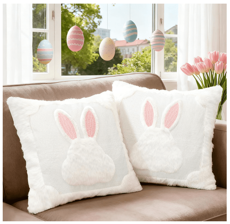 Easter Pillow Covers 18x18 inch Decorations Pink Ears White Rabbit Soft ...
