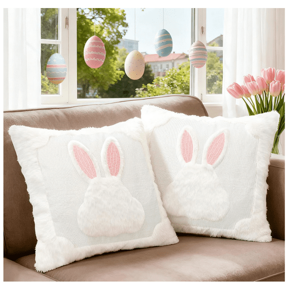 Easter Pillow Covers 18x18 inch Decorations Pink Ears White Rabbit Soft ...