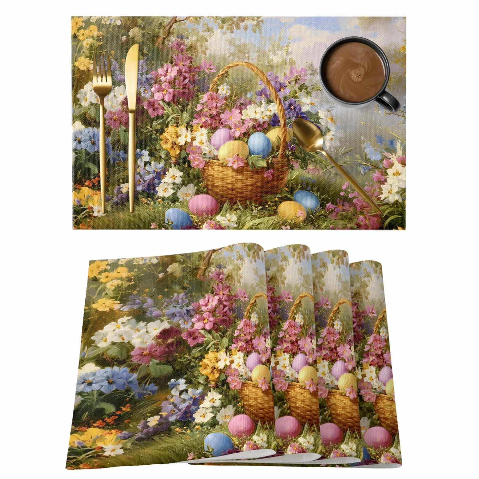 Easter Pink Purple Flower Placemats Set of 8, Color Egg Basket Oil ...