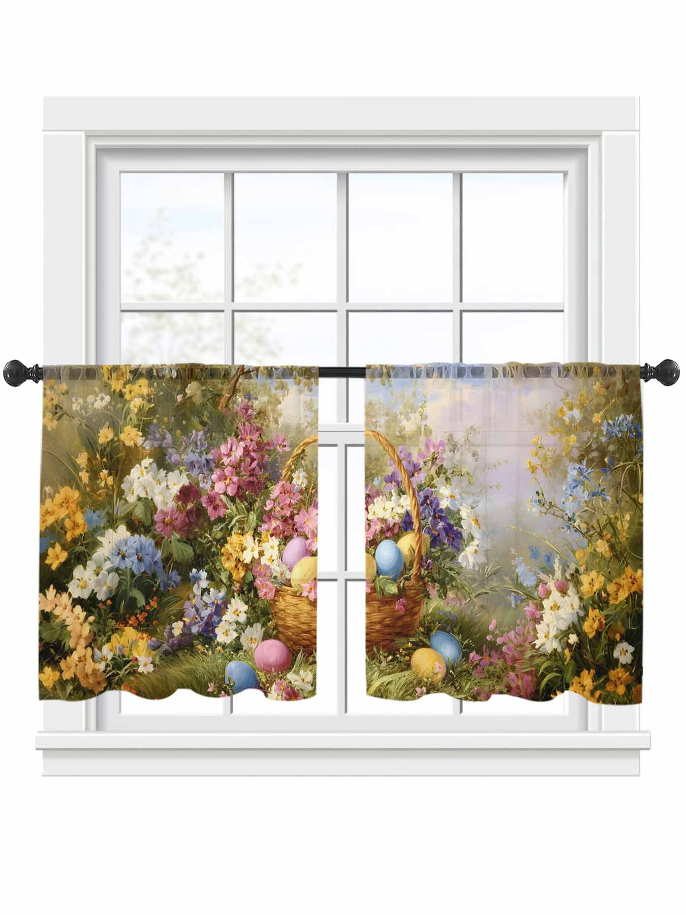 Easter Pink Purple Flower Sheer Curtains 2 Panels Set Color Egg Basket ...