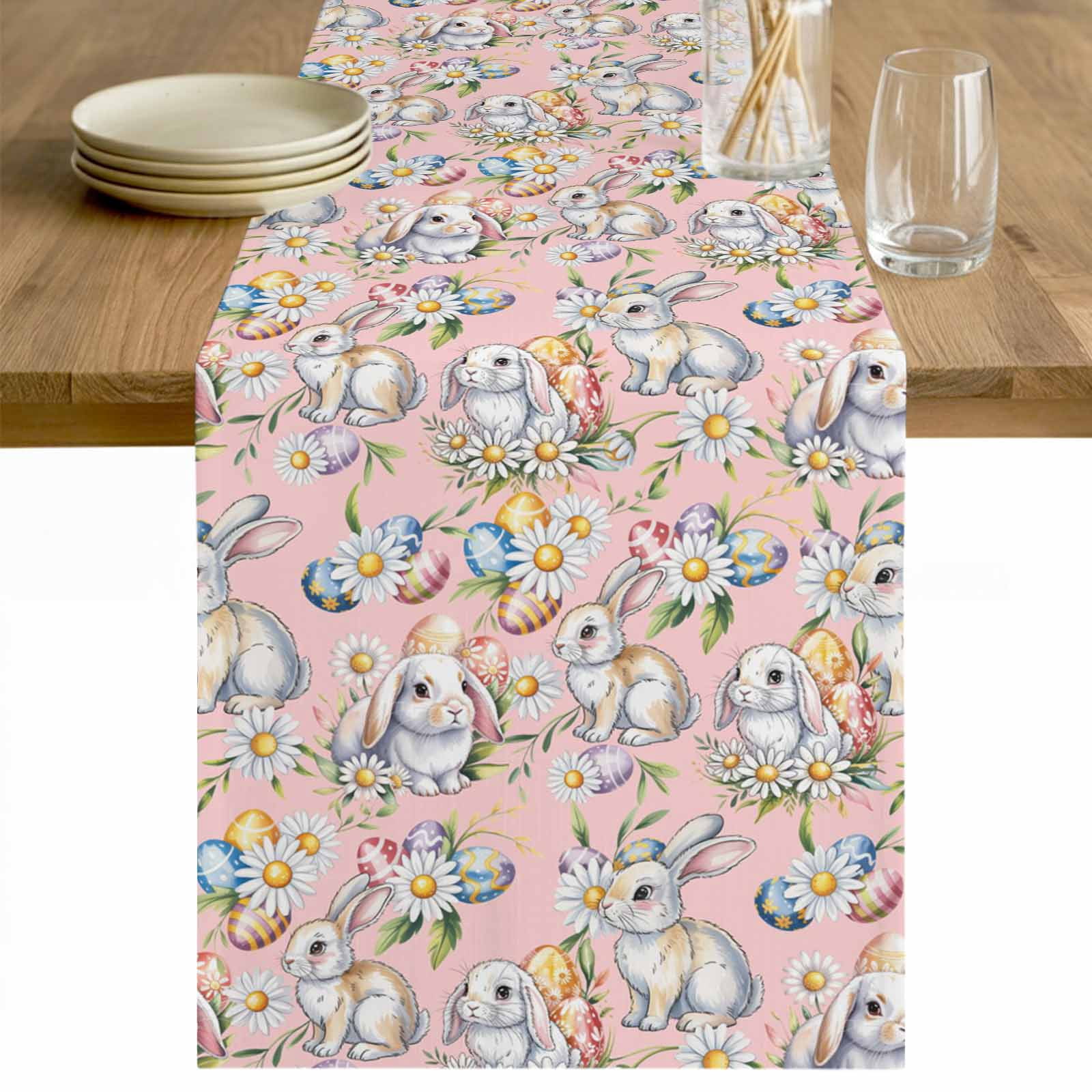 Easter Pink Table Runner - 48 Inch Long Cute Rabbits Spring Daisy Eggs ...