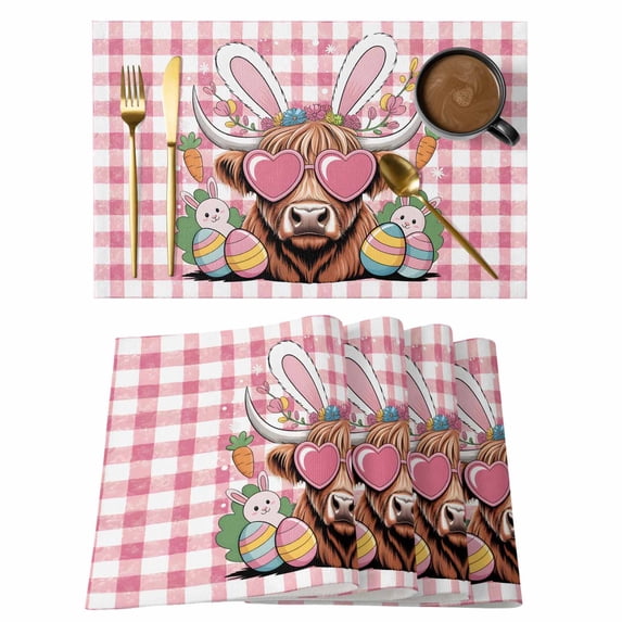 Easter Placemats Set of 2, Cartoon Rabbits Eggs Cow Floral Carrots Pink ...