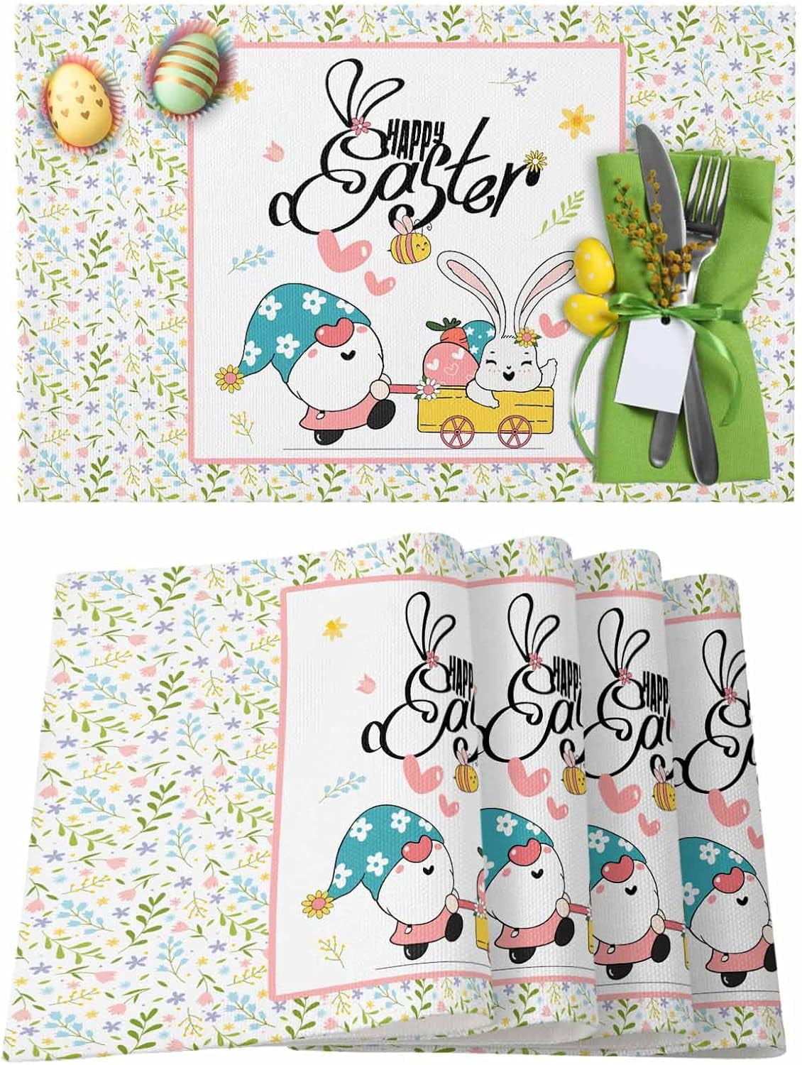 Easter Placemats Set of 4, Bunny Gnome Rabbit Placemat for Dining Table ...