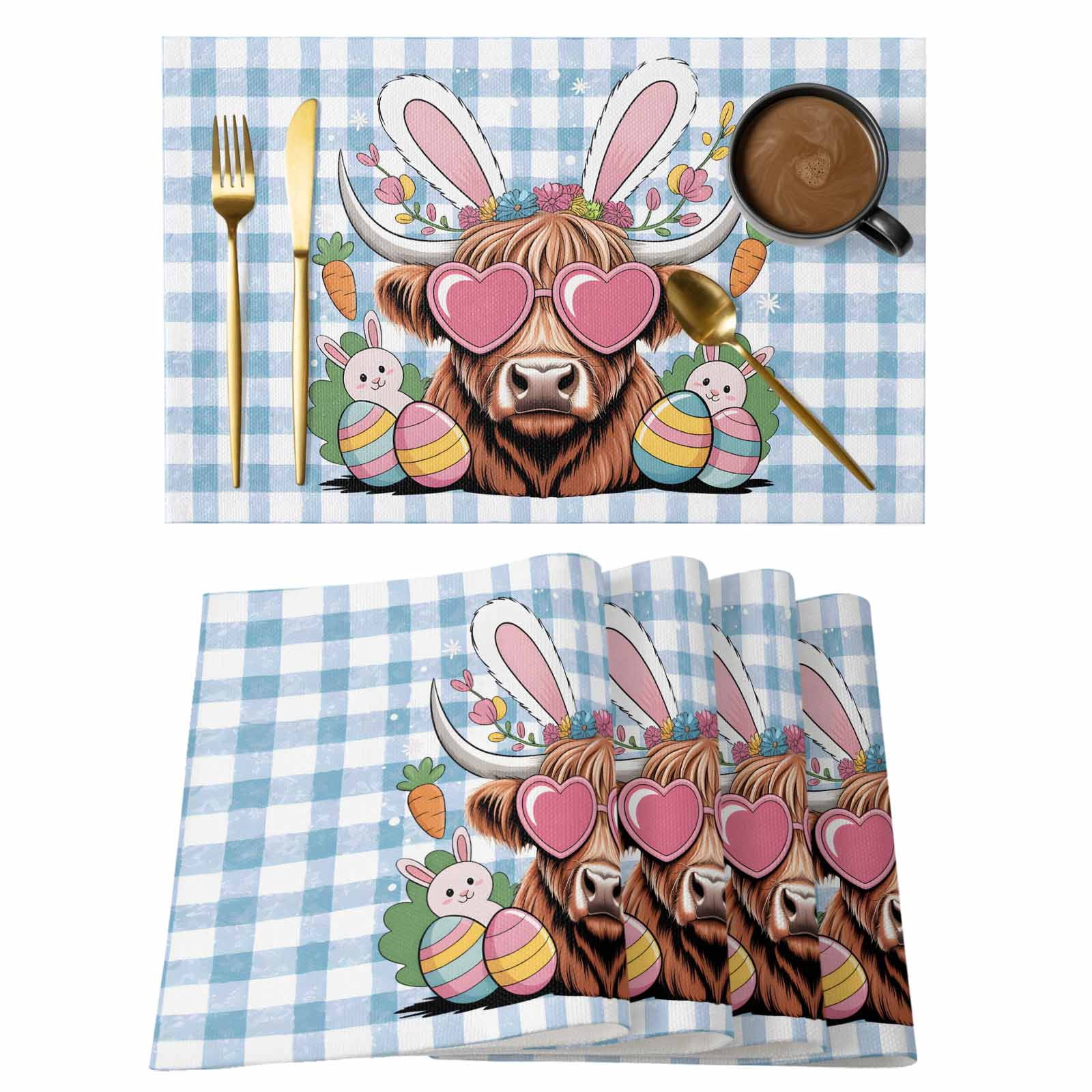 Easter Placemats Set of 4, Cartoon Rabbits Eggs Cow Floral Carrots Blue ...