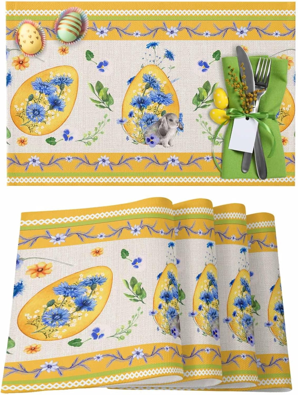 Easter Placemats Set of 4, Gold Egg Bunny Blue Flowers Placemat for ...