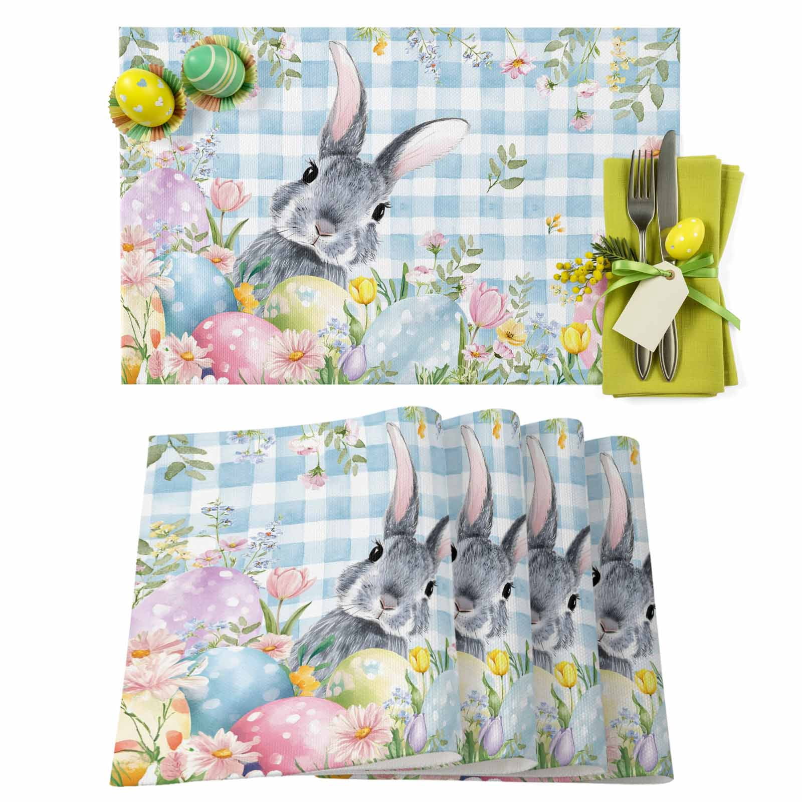 Easter Placemats Set of 4 Grey Bunny Eggs Place Mats Spring Placemat ...