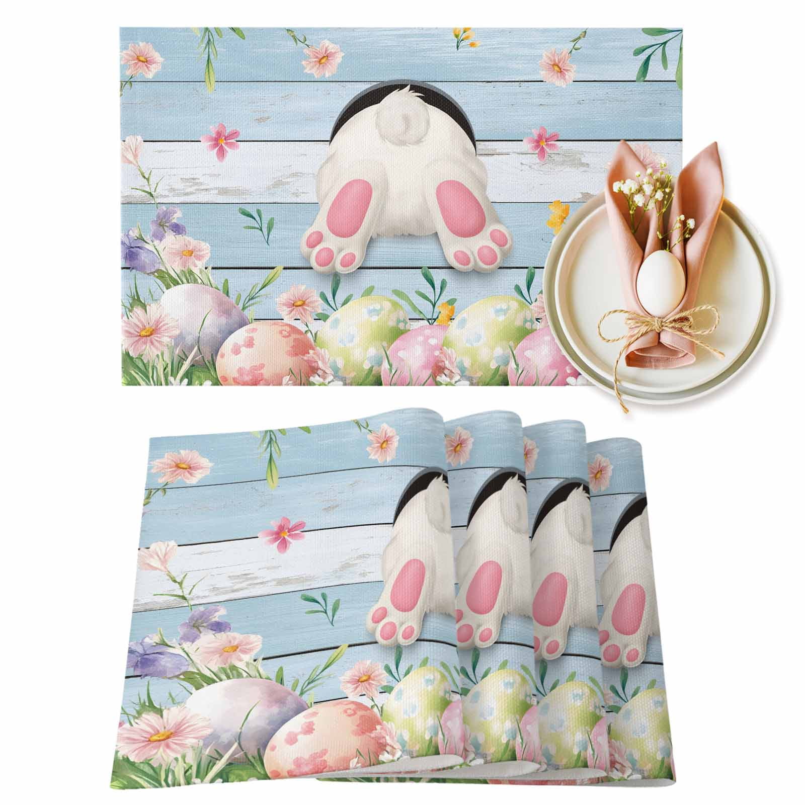 Easter Placemats Set of 4, Spring White Bunny Tail Colored Eggs Floral ...