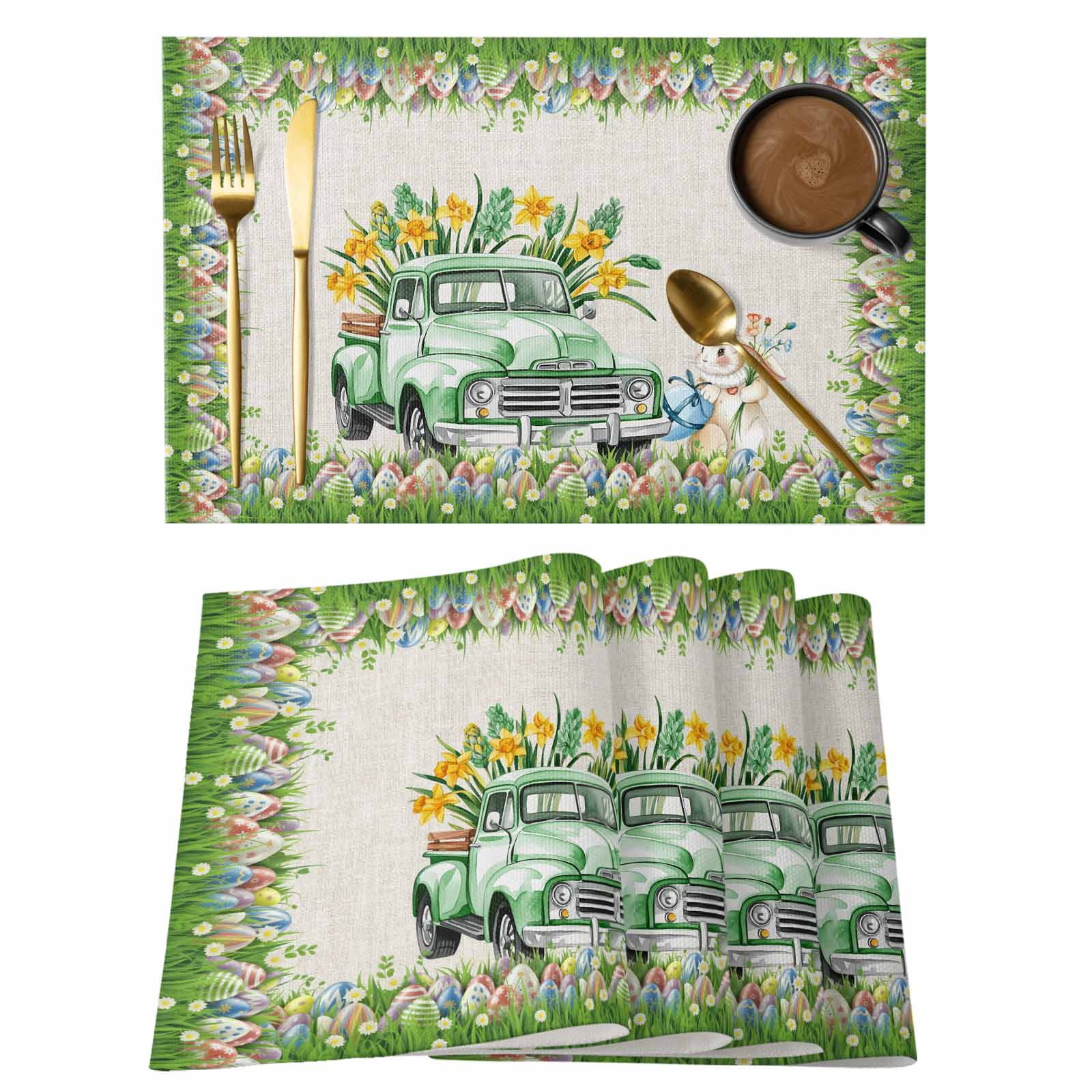 Easter Placemats Set of 4, Watercolor Truck Floral Rabbit Colored Eggs ...