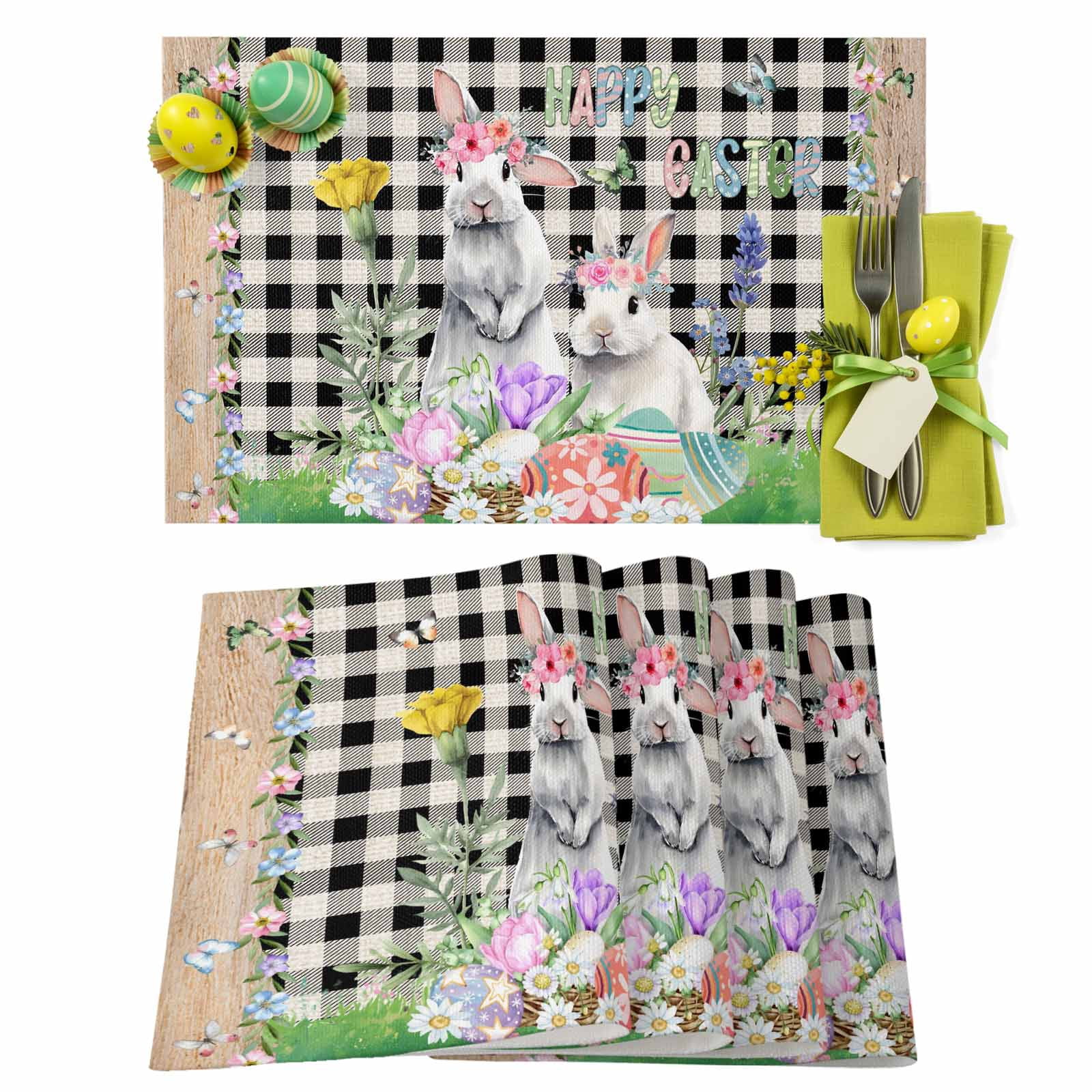 Easter Placemats Set of 6 Floral Bunny Eggs Place Mats Spring Placemat ...