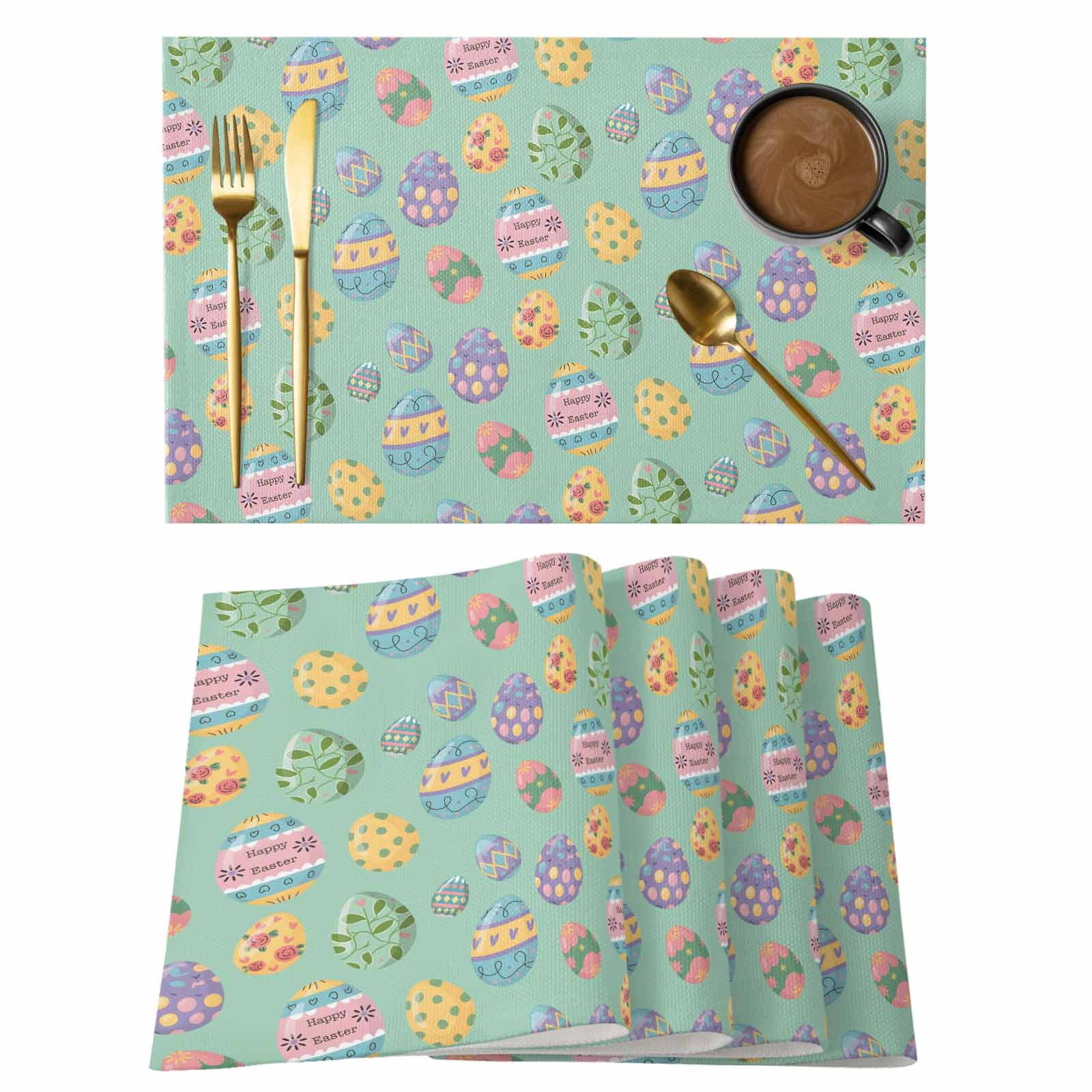 Easter Placemats Set of 6, Green Cartoon Colorful Eggs Flowers Leaves ...