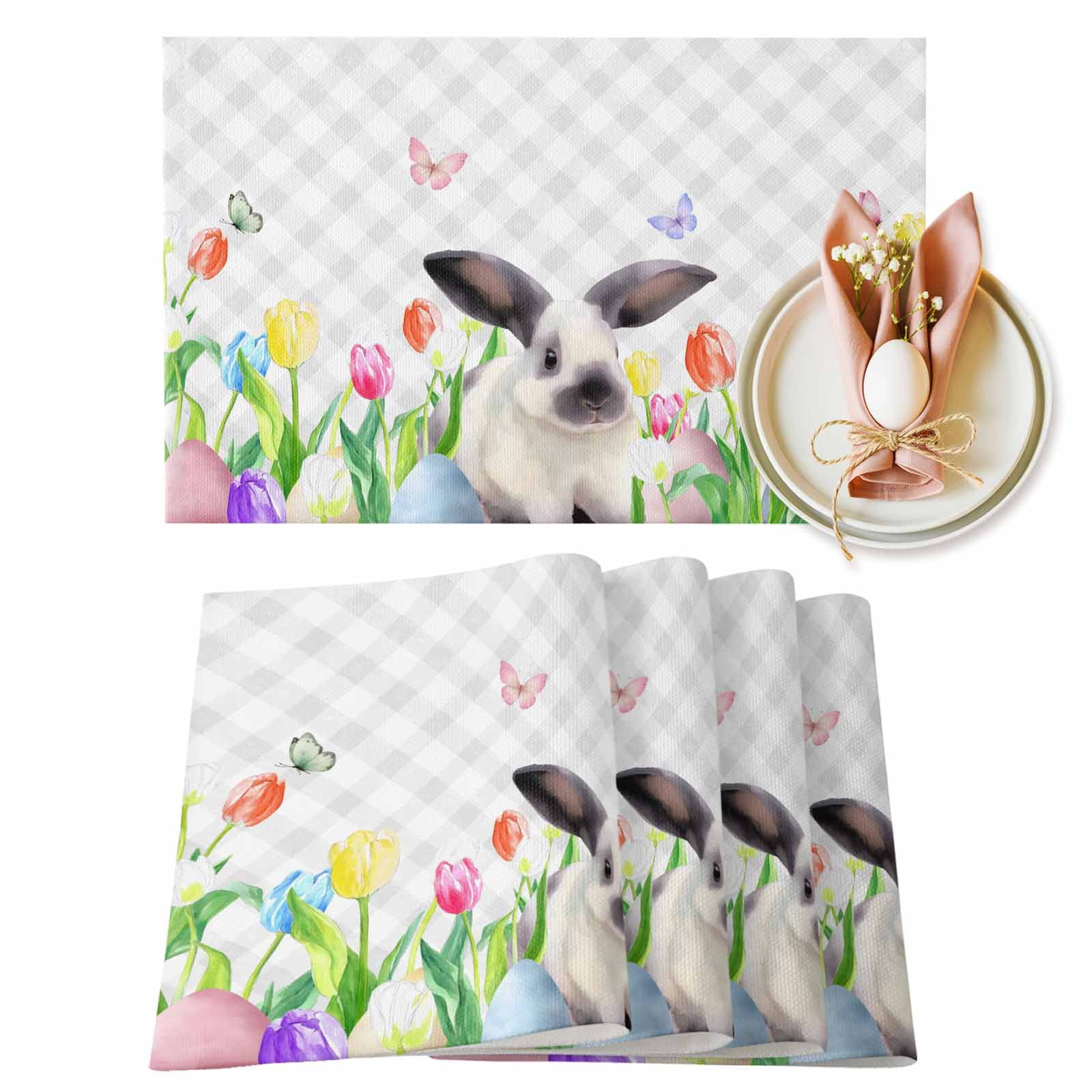 Easter Placemats Set of 6, Spring Rabbit Floral Eggs Butterfly Light ...