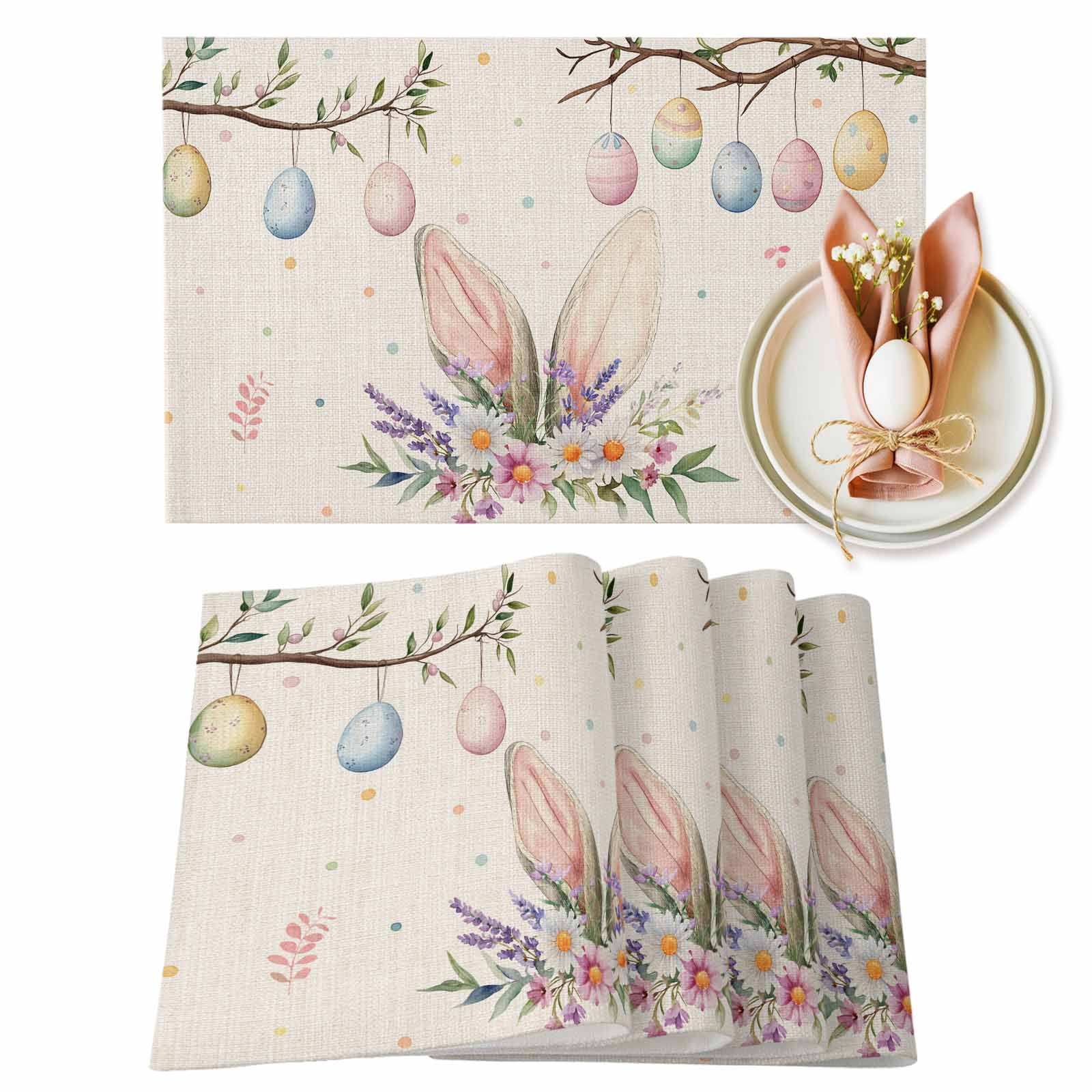 Easter Placemats Set of 6, Watercolor Pink Blue Egg Branch Spring ...
