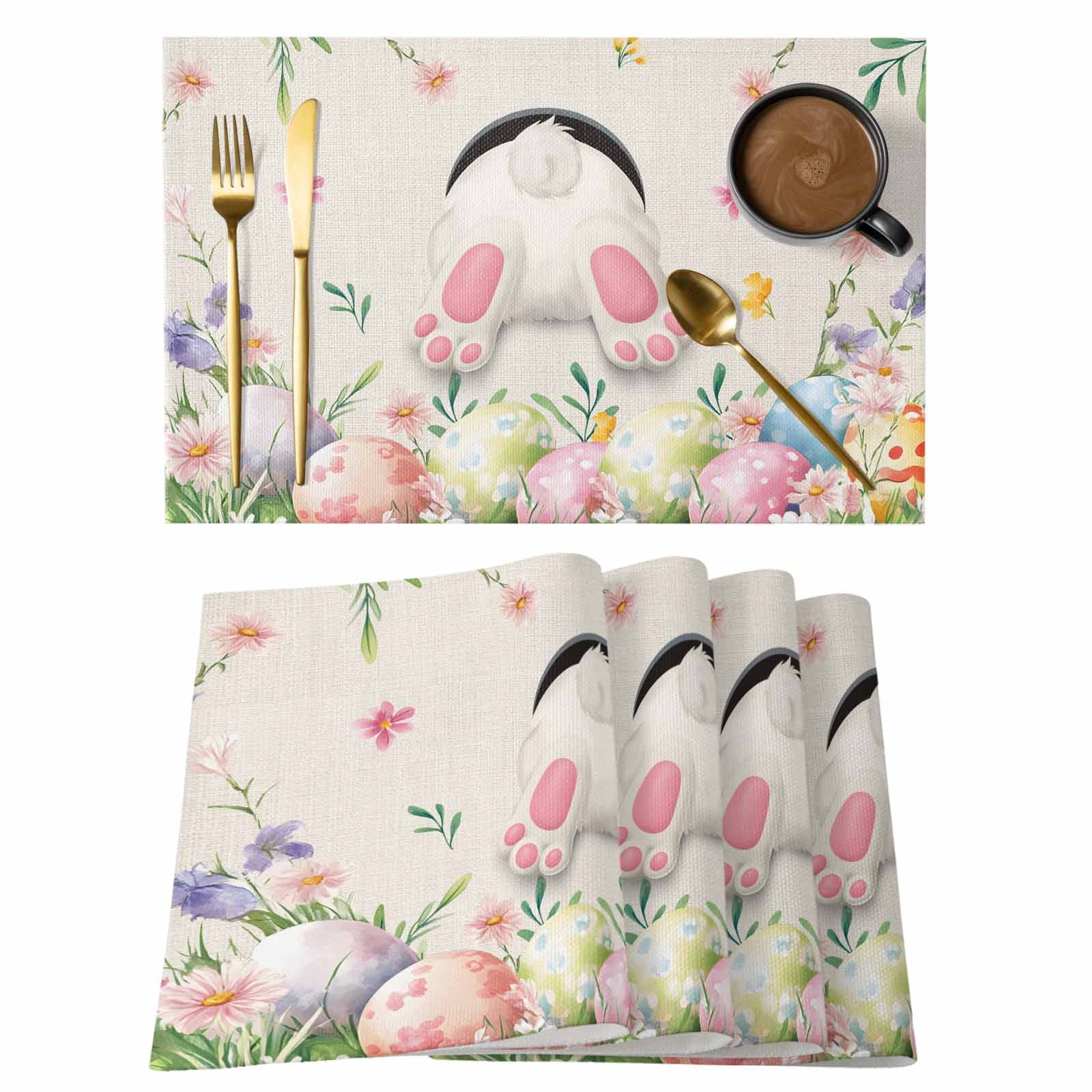 Easter Placemats Set of 8, Spring White Bunny Tail Colored Eggs Floral ...