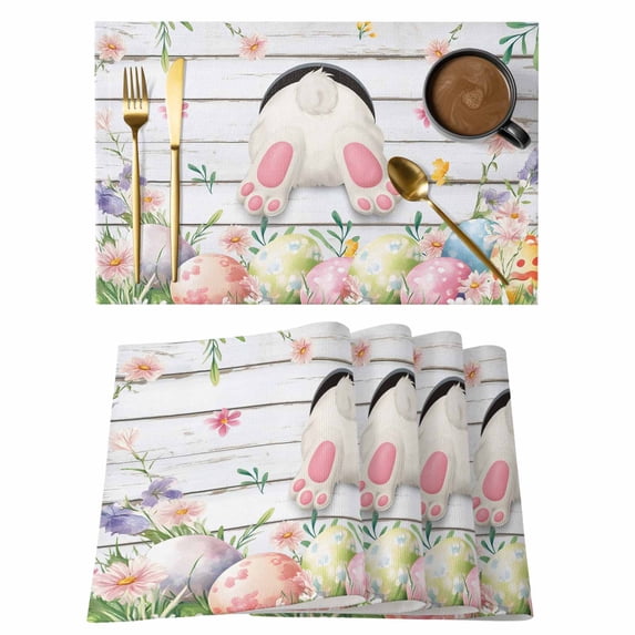 Easter Placemats Set of 8, Spring White Bunny Tail Colored Eggs Floral ...