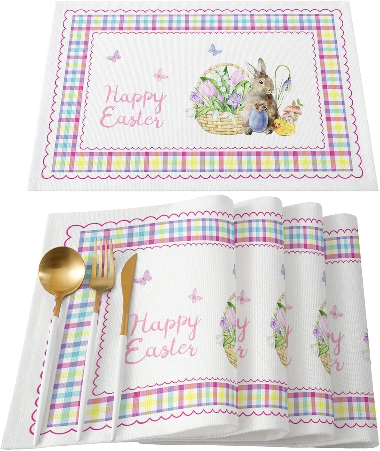 Easter Placemats Set of 6 Bunny Eggs Rabbit Spring Flower Tablemats for ...
