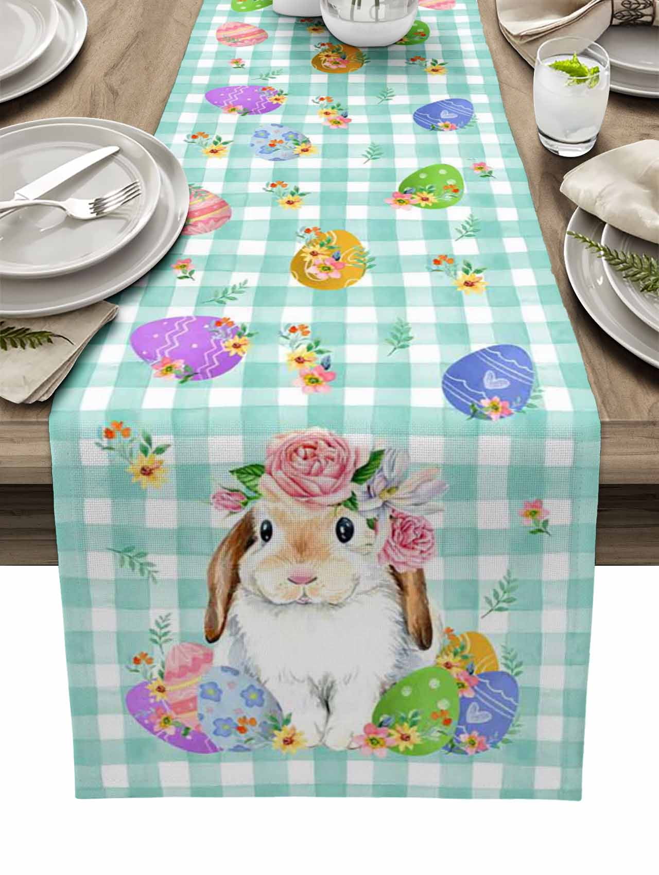 Easter Plaid Bunny Egg Watercolor Green Table Runner ration Home r ...
