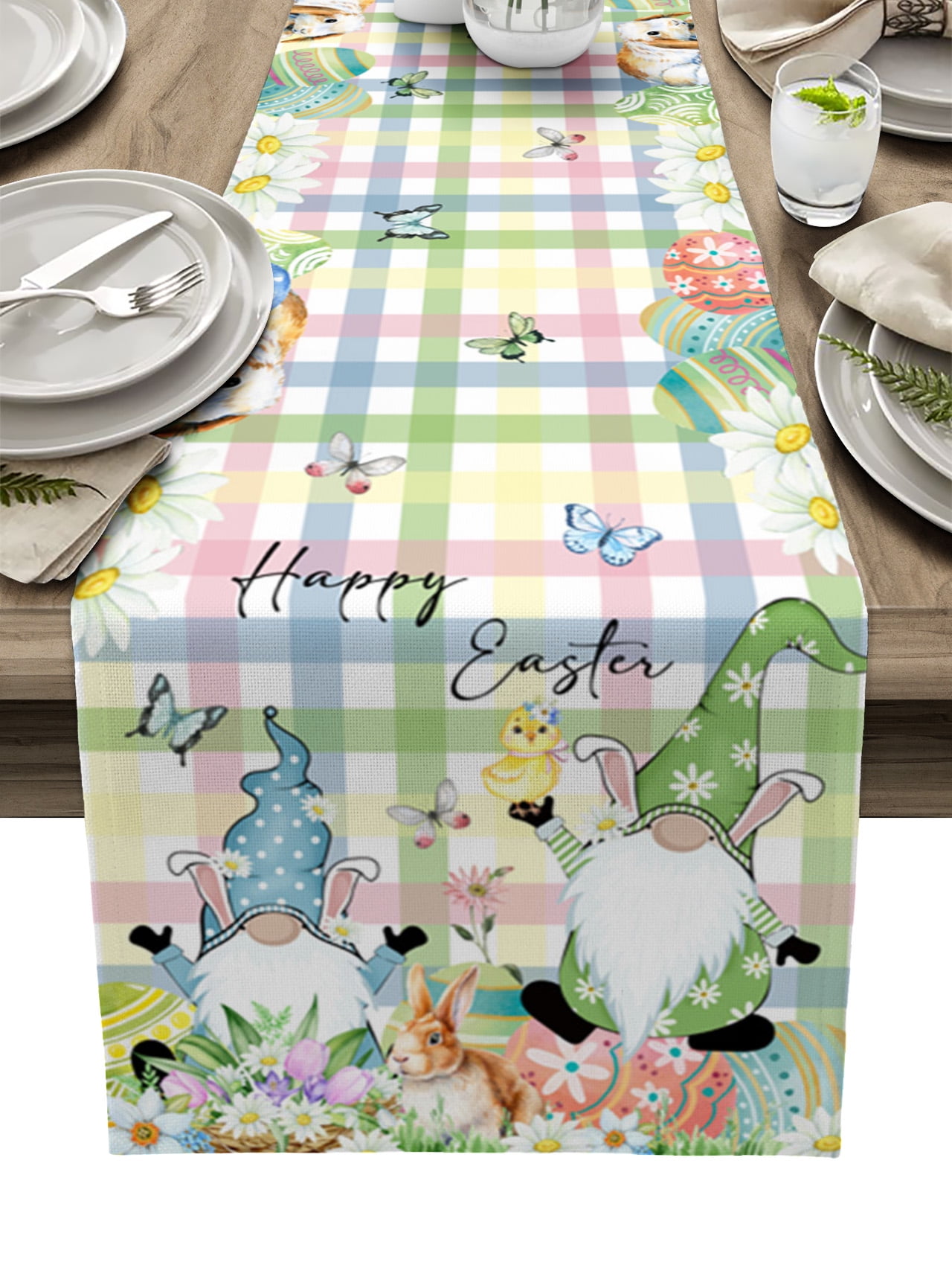 Easter Plaid Bunny Egg Watercolor Green Table Runner ration Home r ...