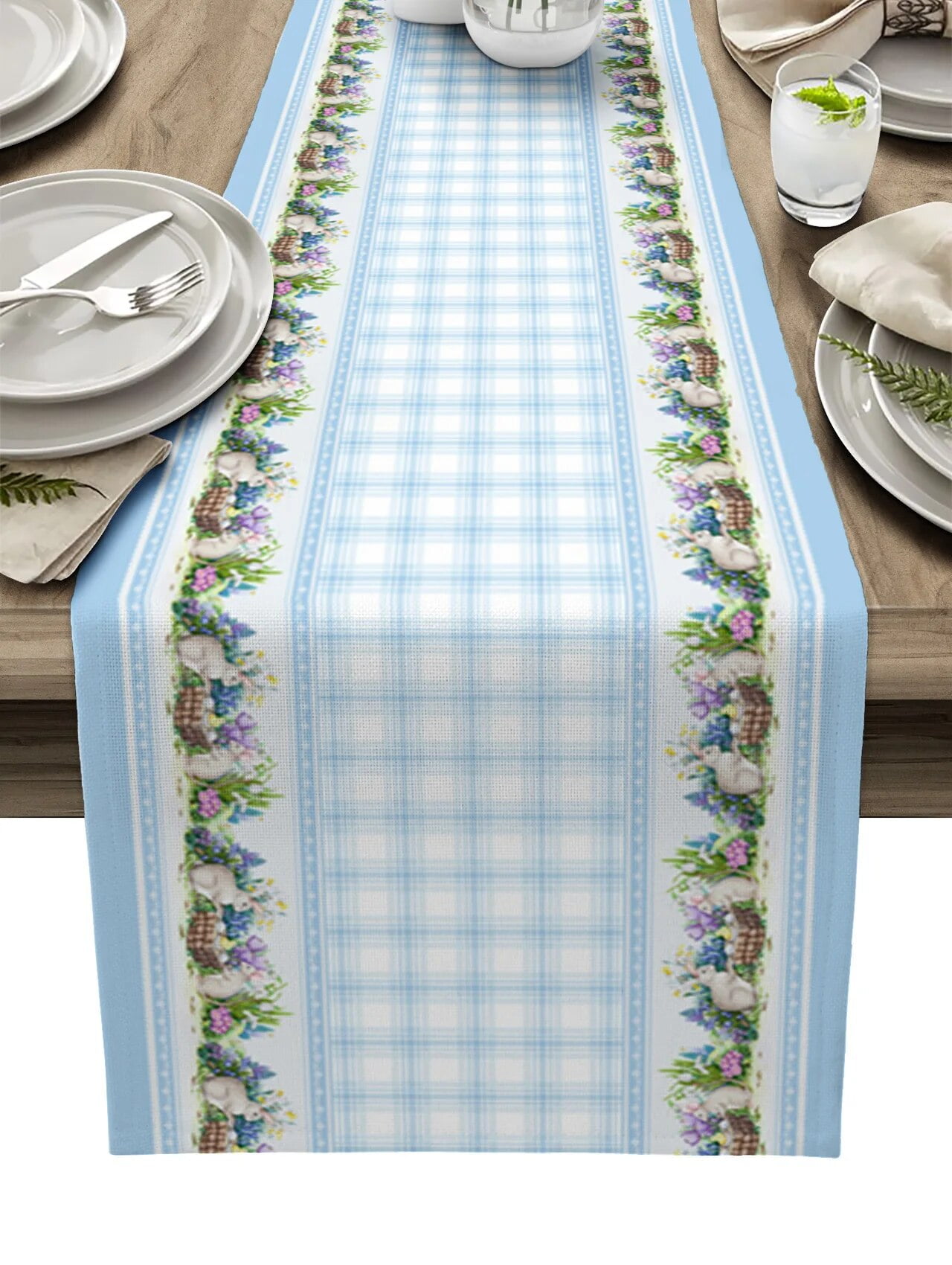 Easter Plaid Bunny Watercolor Lace Blue Table Runner Wedding Decor ...