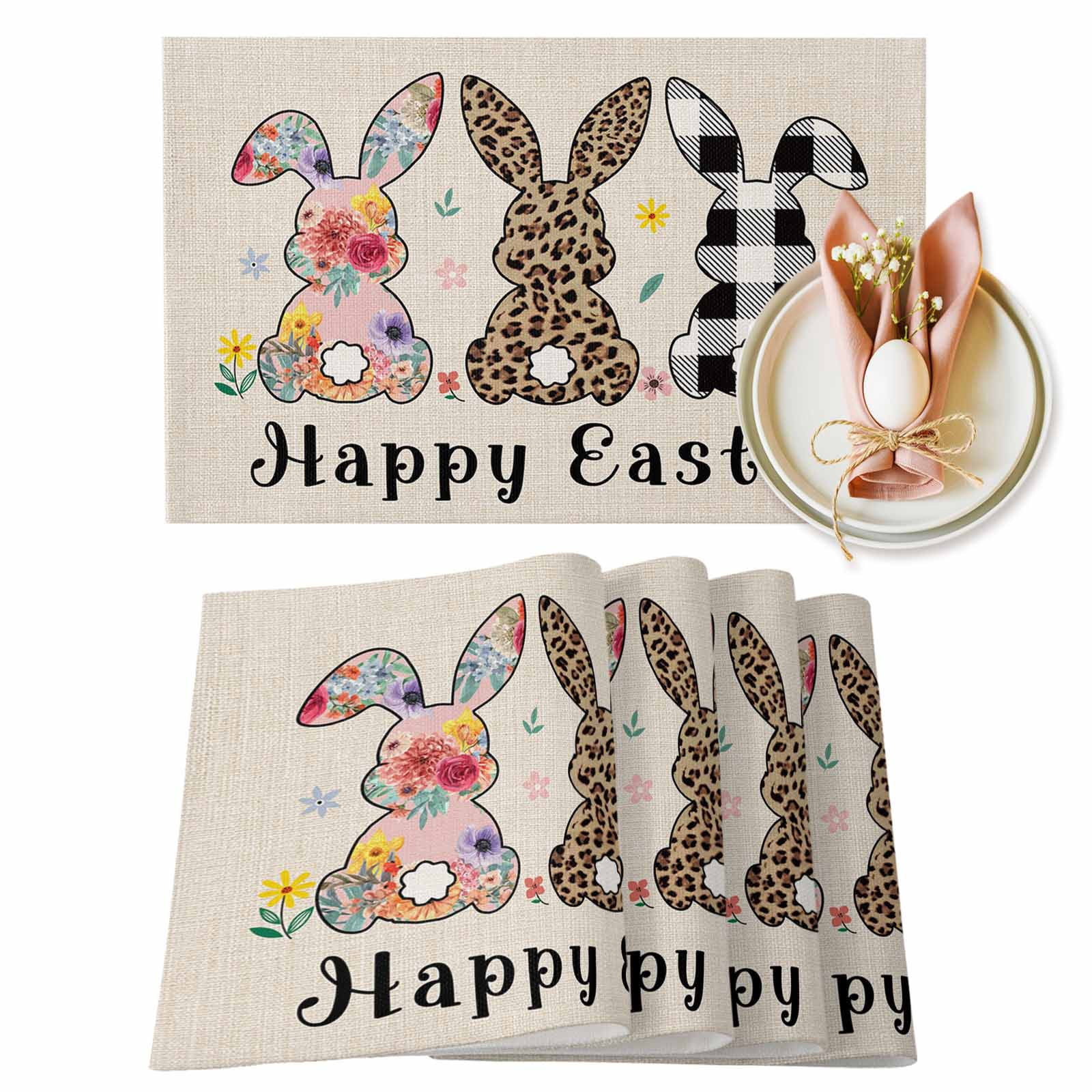 Easter Plaid Placemats Set of 8, Leopard Print Rabbit Vintage Texture ...