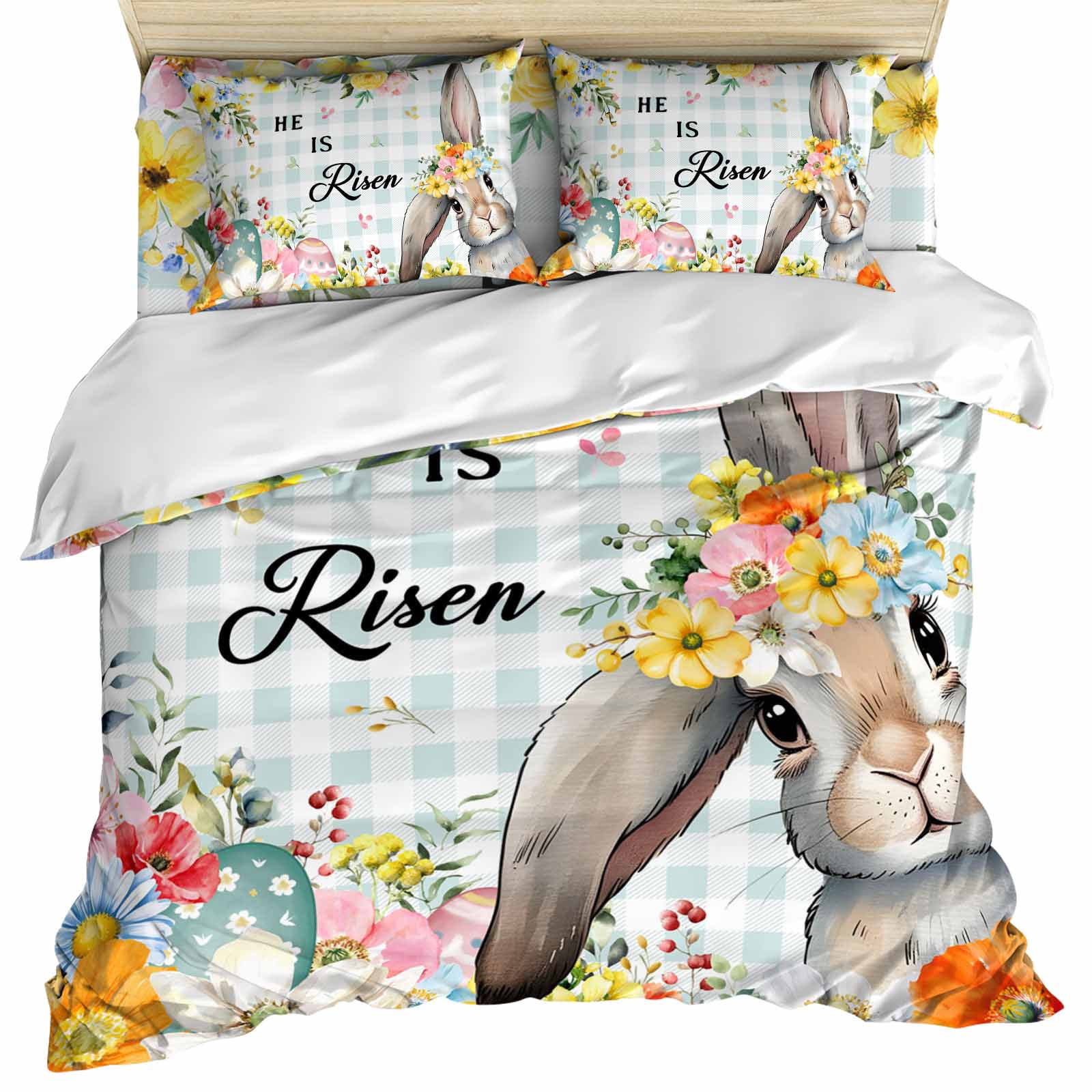 Easter Plaid Set of 4 Bedding Quilt Covers, Spring Watercolor Bunny ...
