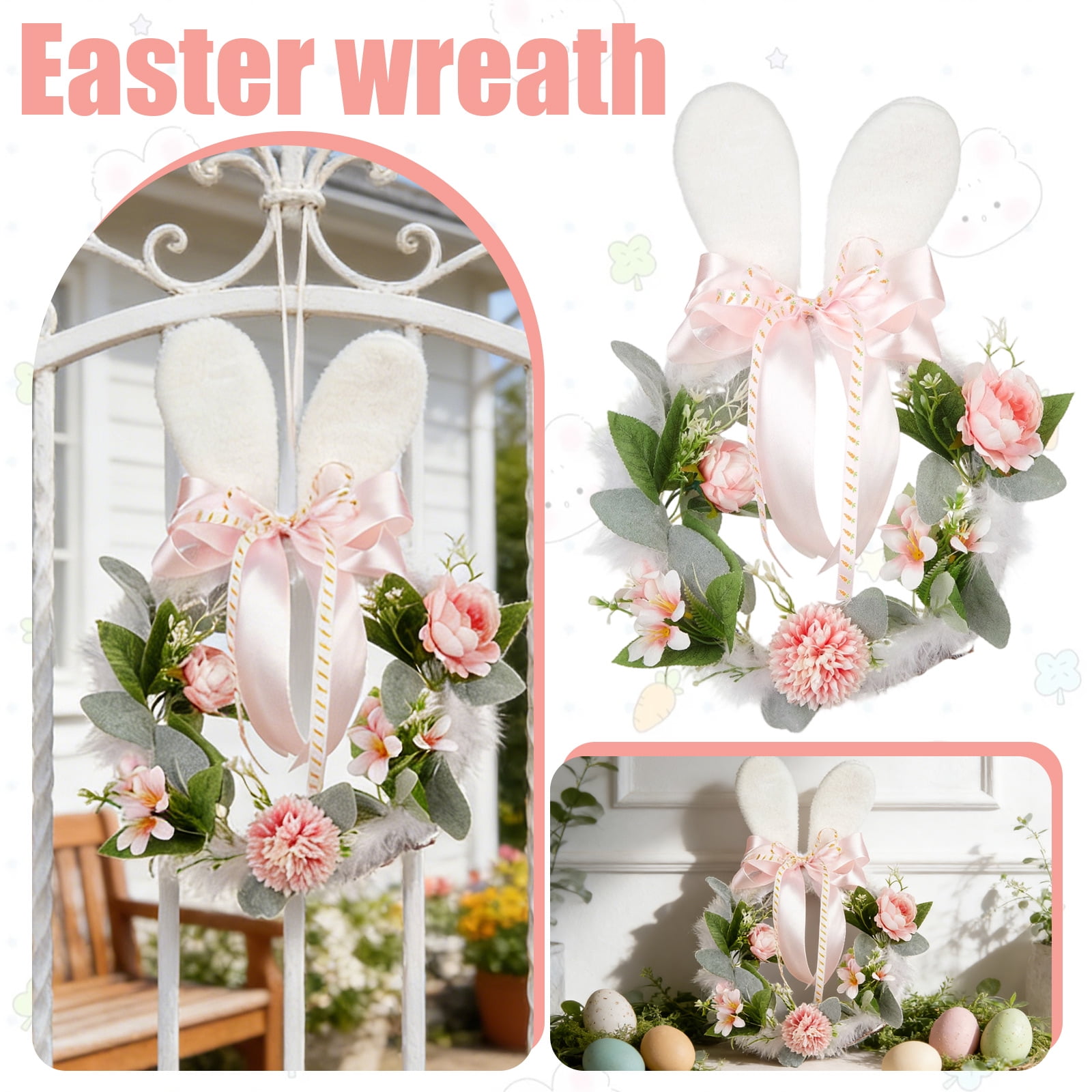 Easter Plush Wreath Bunny Ears Pink Floral Spring Wreath for Front Door ...