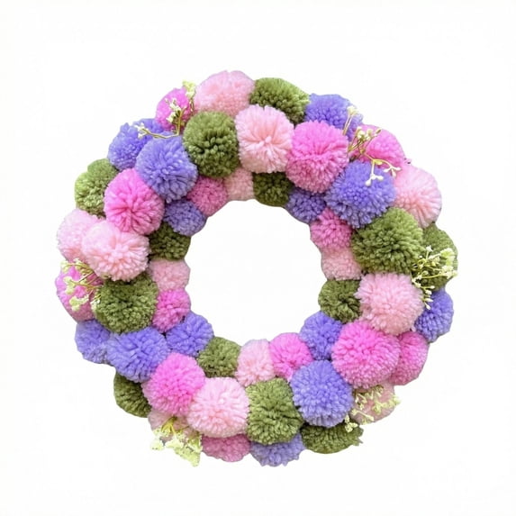 Easter Pom Pom Wreath Spring Door Decoration, Colorful Yarn Ball ...
