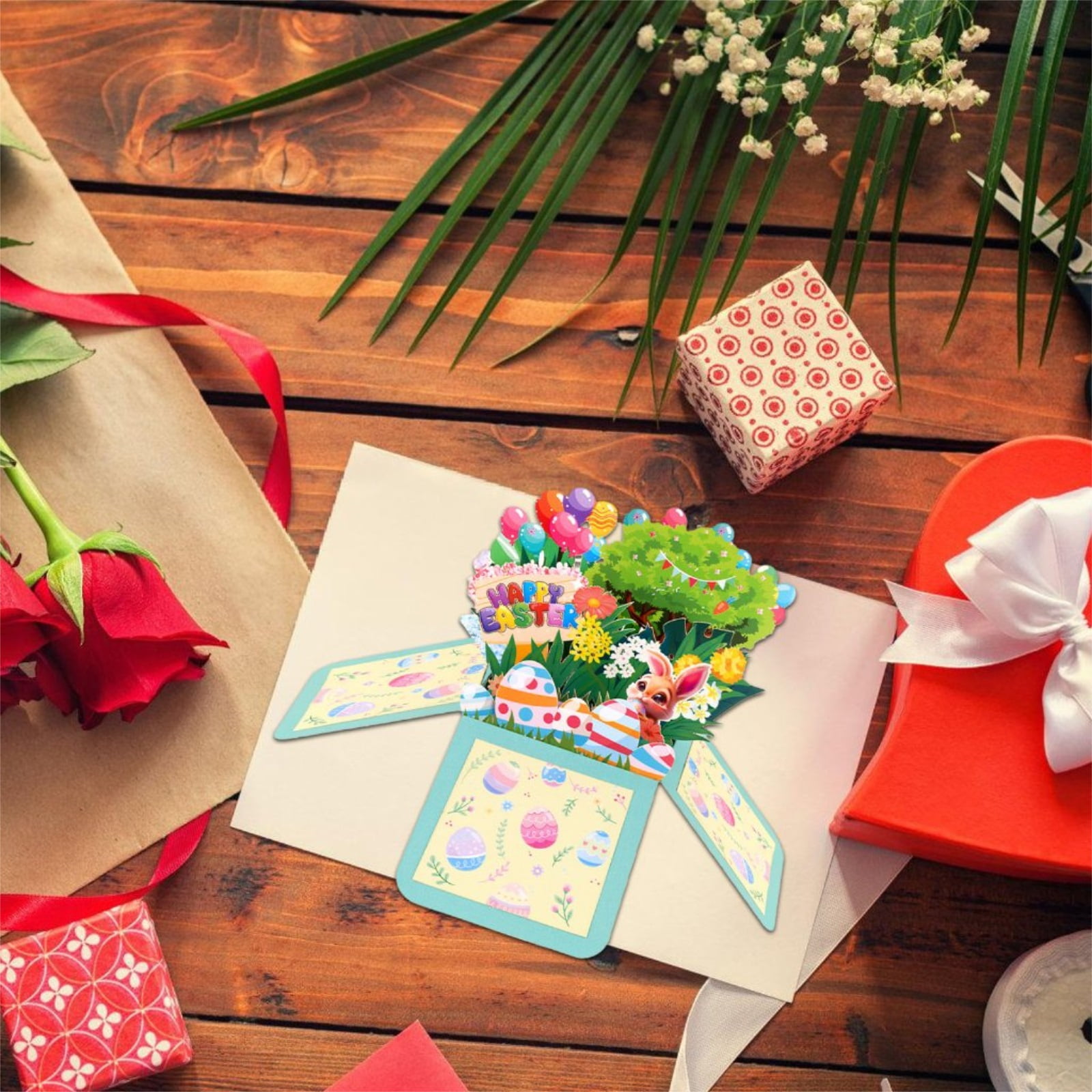 Easter Pop Up Cards - 3D Bunny & Eggs Greeting Card with Floral Design ...