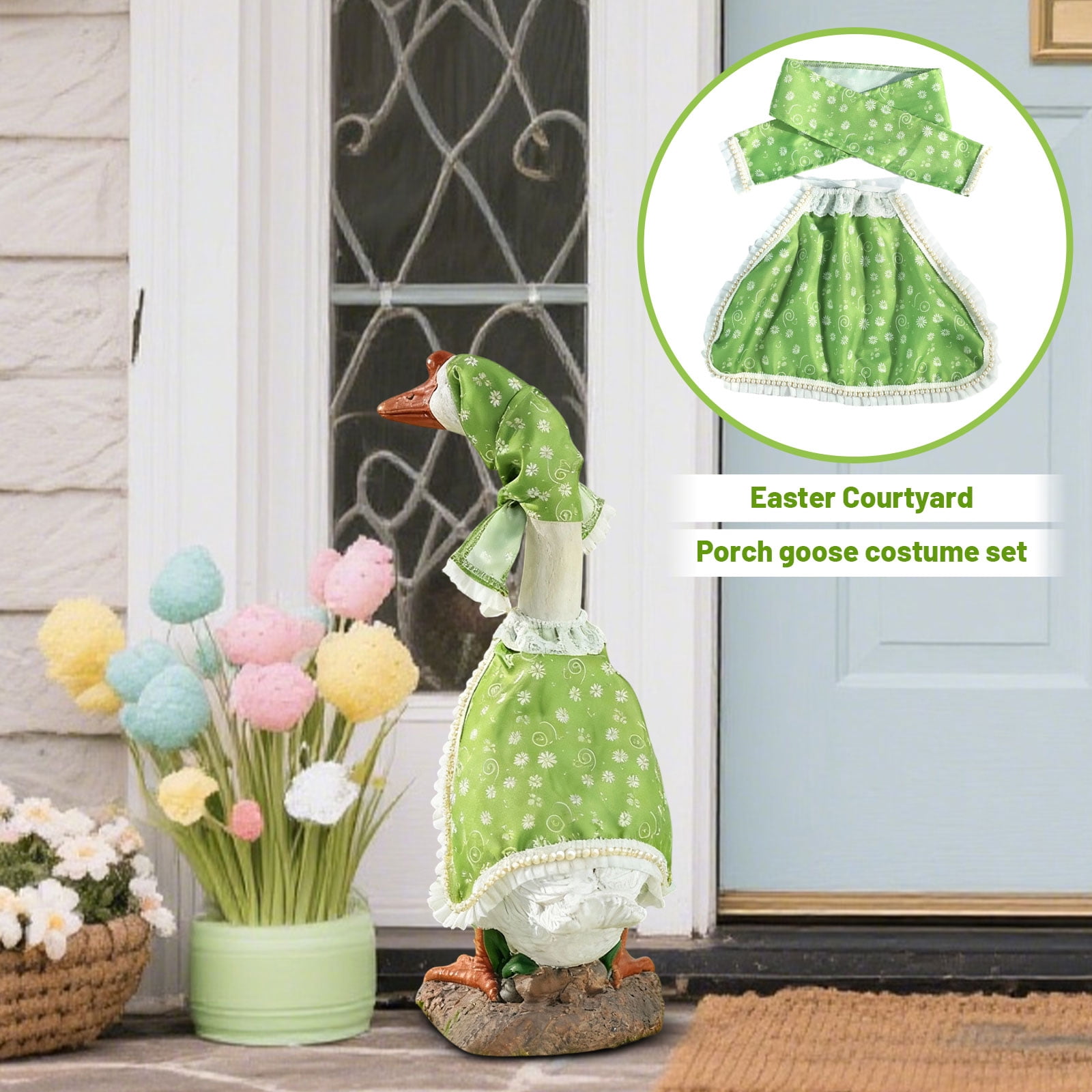 Easter Porch Goose Outfit with Green Floral Design and Lace Trim, Fits ...