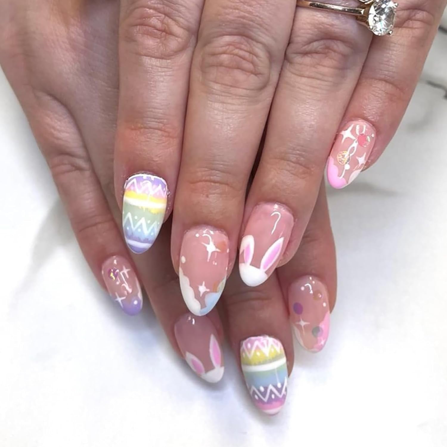 Easter Press on Nails Short Square Fake Nails Pink Full Cover White ...