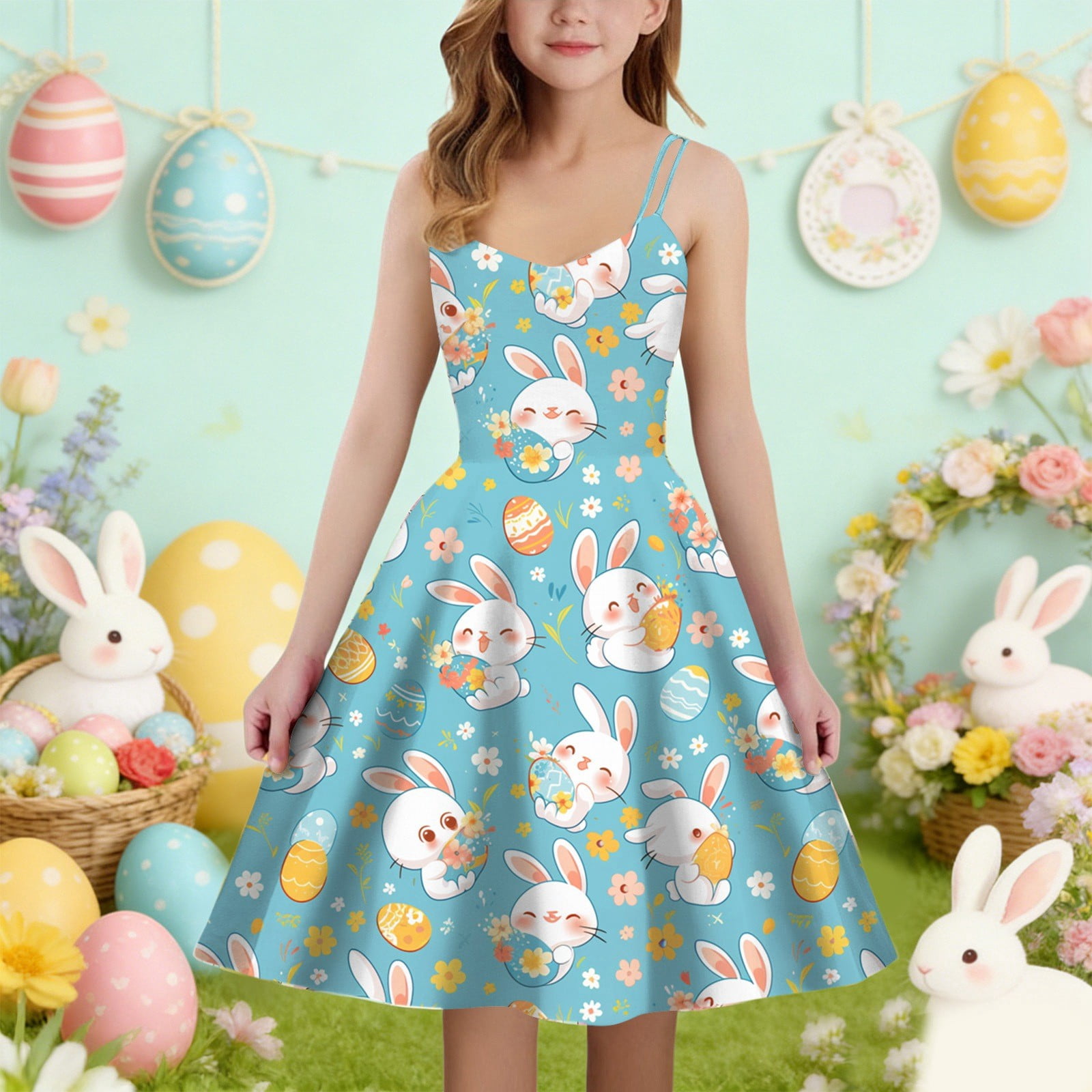 Easter Print Girls Sleeveless A-Line Dress Back Elastic Zipper Casual ...