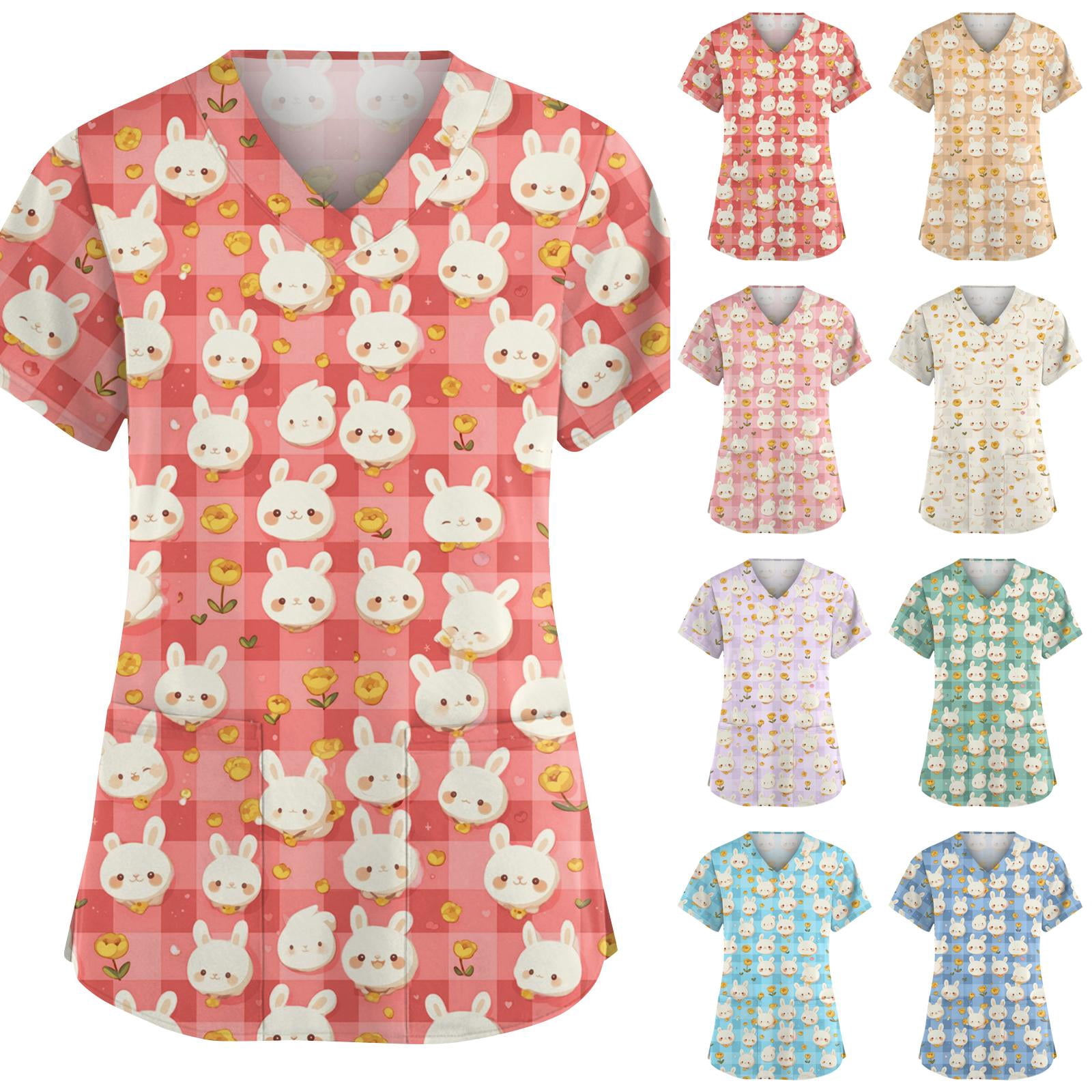 Easter Print Nursing Uniforms for Women Bunny Egg Holiday Short Sleeve ...