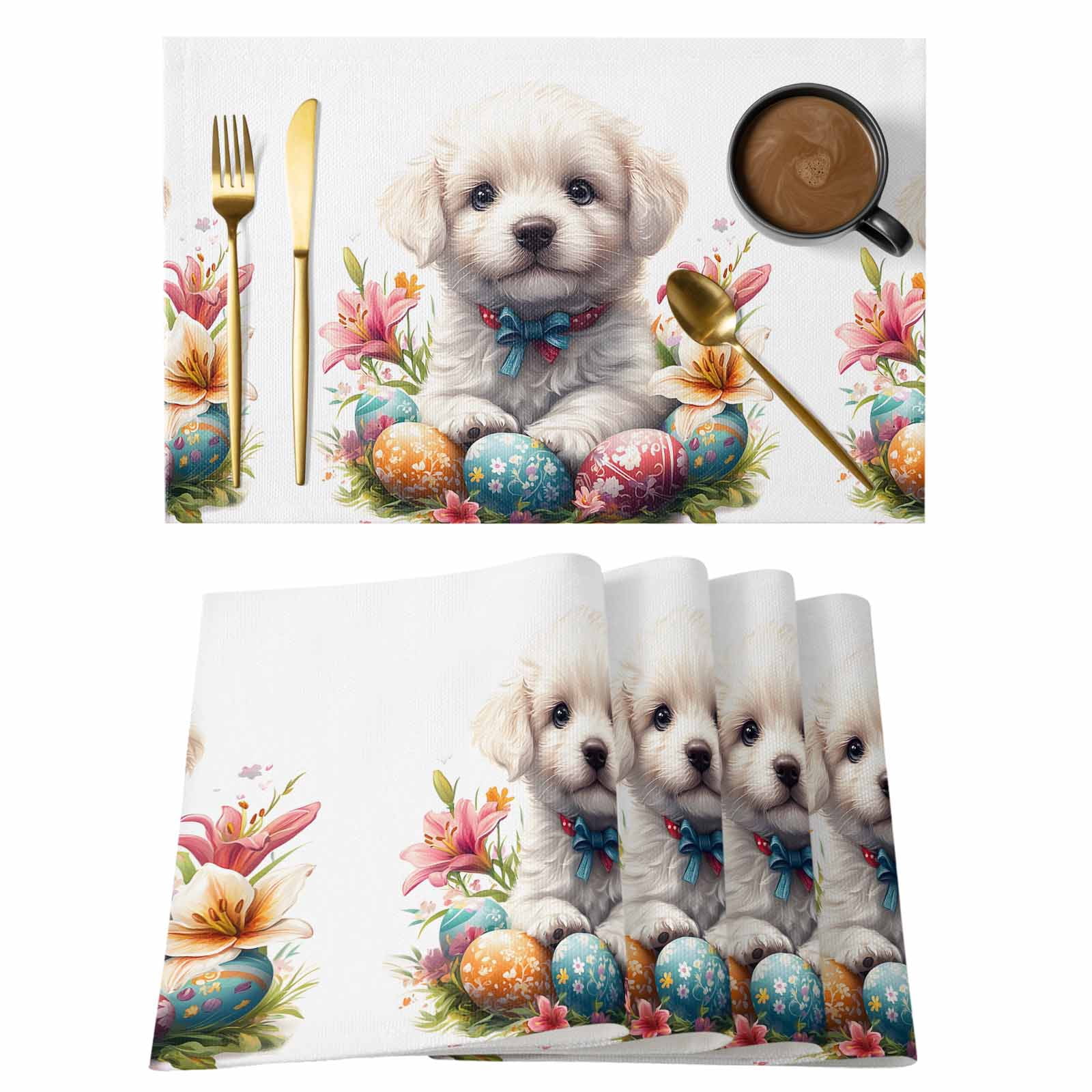 Easter Puppy Placemats Set of 2, Cartoon Cute Dog Green Orange Red Eggs ...
