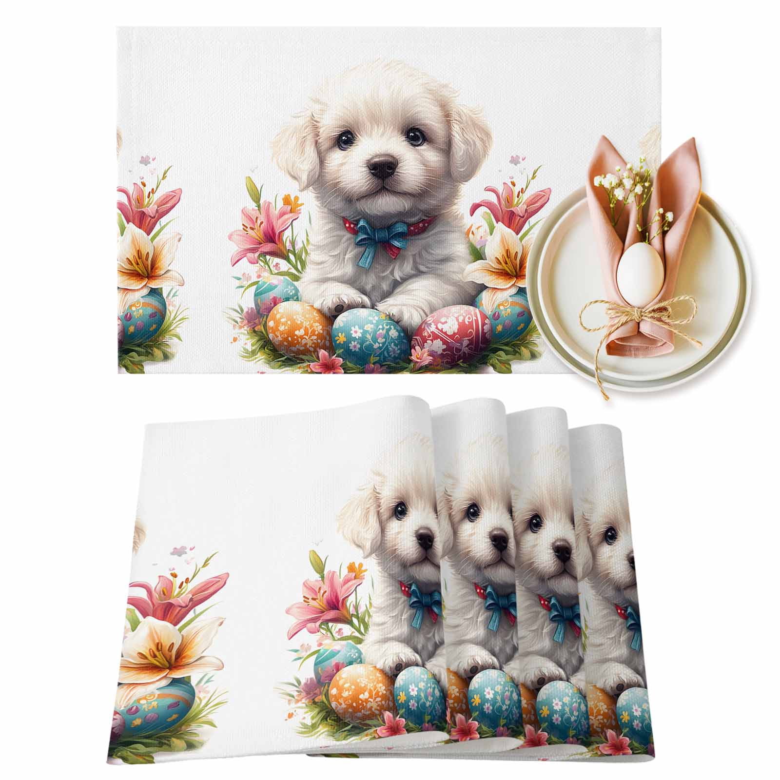 Easter Puppy Placemats Set of 4, Cartoon Cute Dog Green Orange Red Egg ...