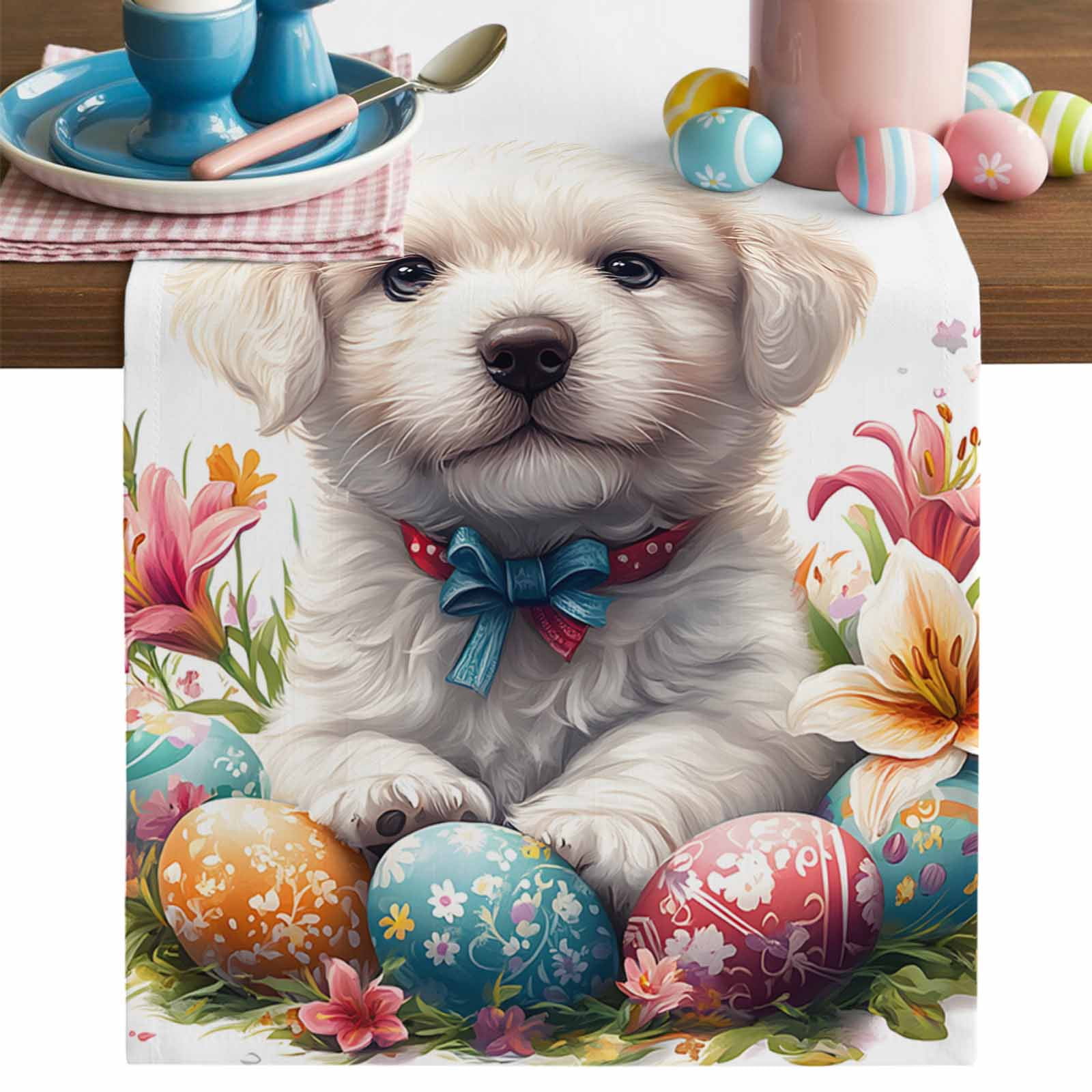 Easter Puppy Table Runner, Cartoon Cute Dog Green Orange Red Eggs ...