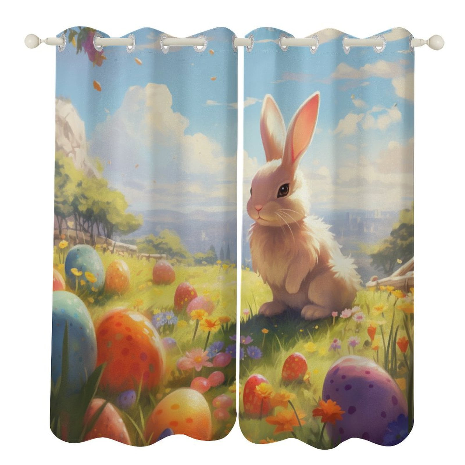 Easter Rabbit 2 Panel Curtain Set, Watercolor Painting Window Treatment ...